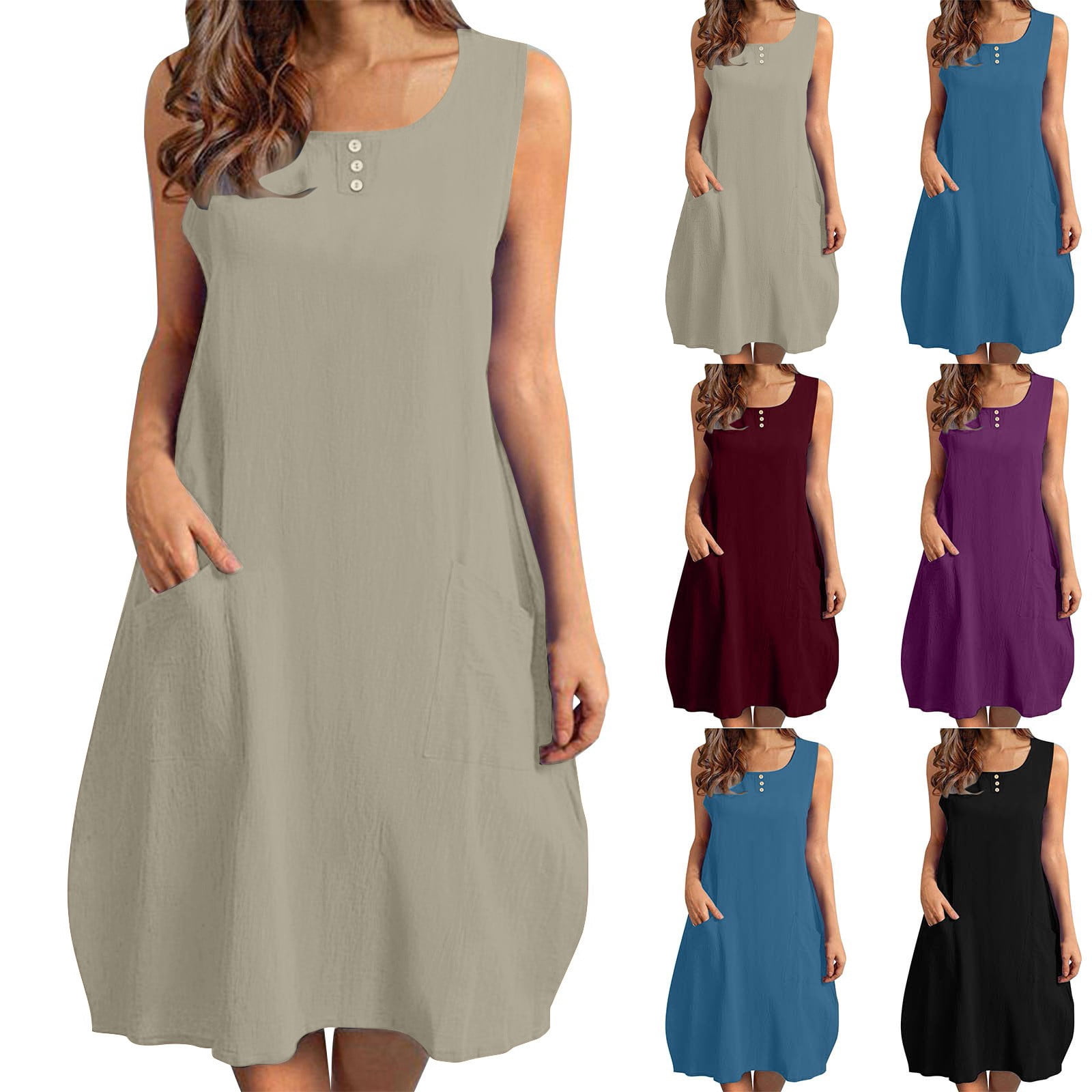 Antinious Ladies Casual Dresses Solid Short Sleeve Pocketed Summer ...