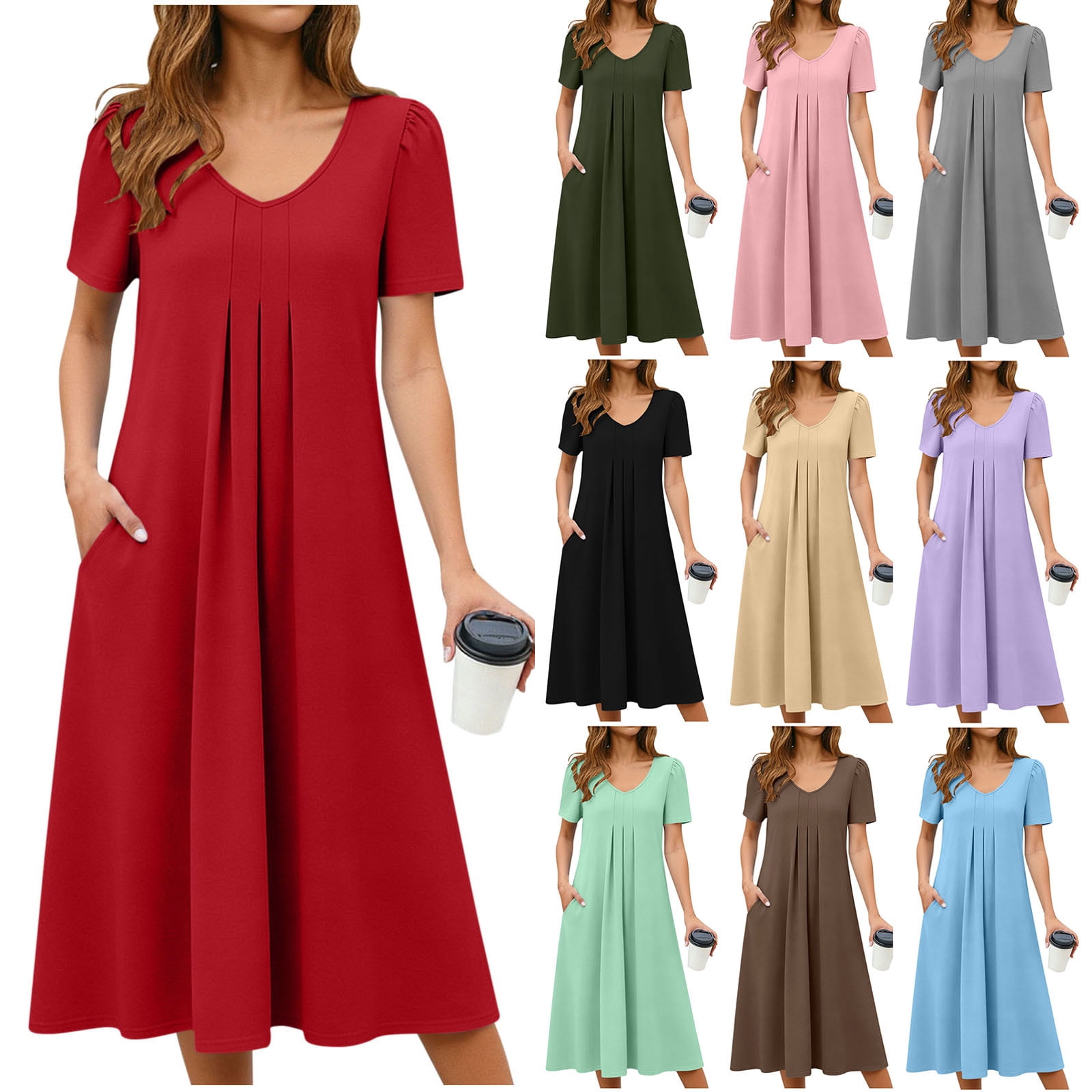 Antinious Ladies Casual Dresses Solid V-Neck Short Sleeve Summer Side ...