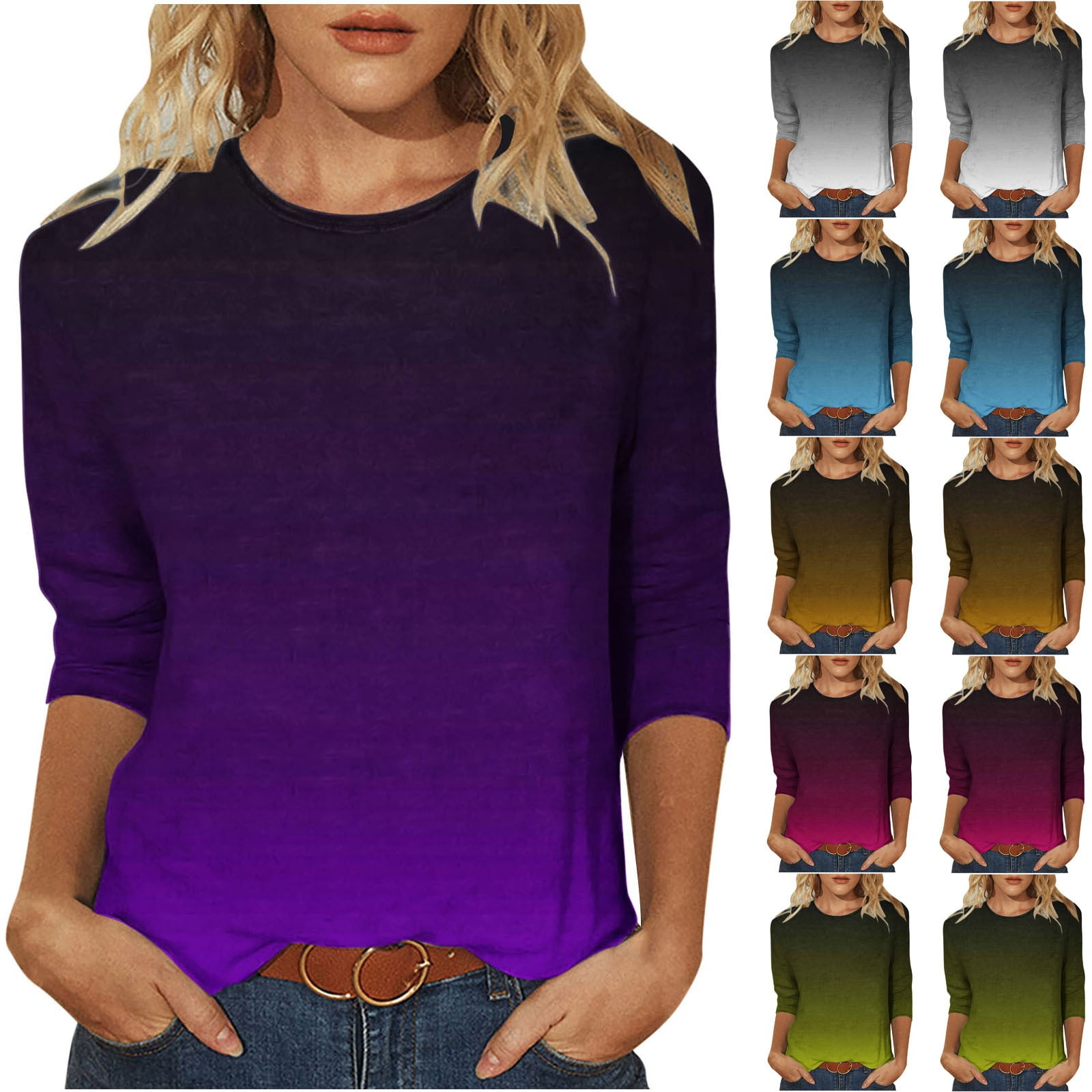 Antinious Ladies Casual Fade Print Round Neck 3/4 Sleeve Loose Shirts ...