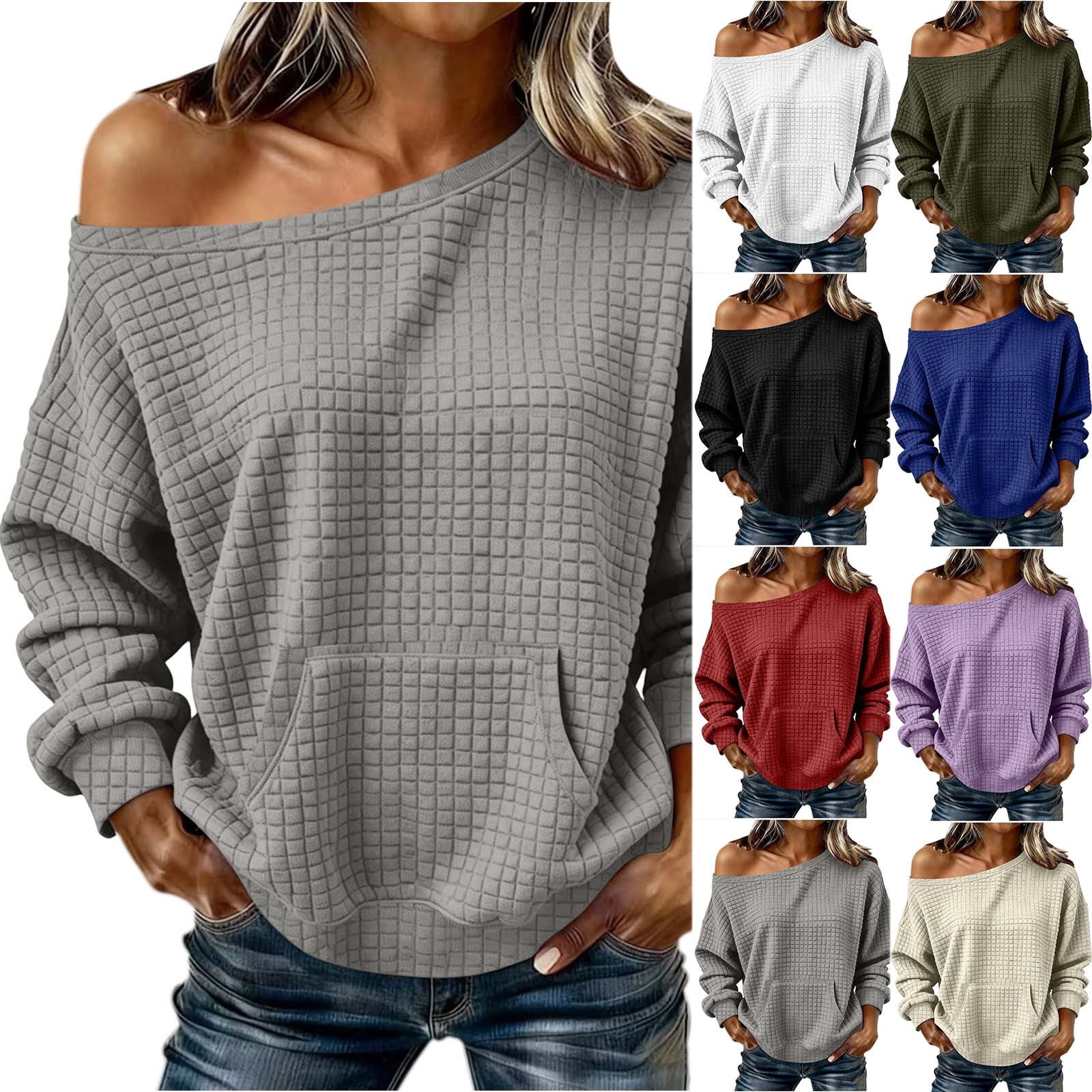 Antinious Ladies Casual Solid Off Shoulder Textured Loose Pocket Long ...