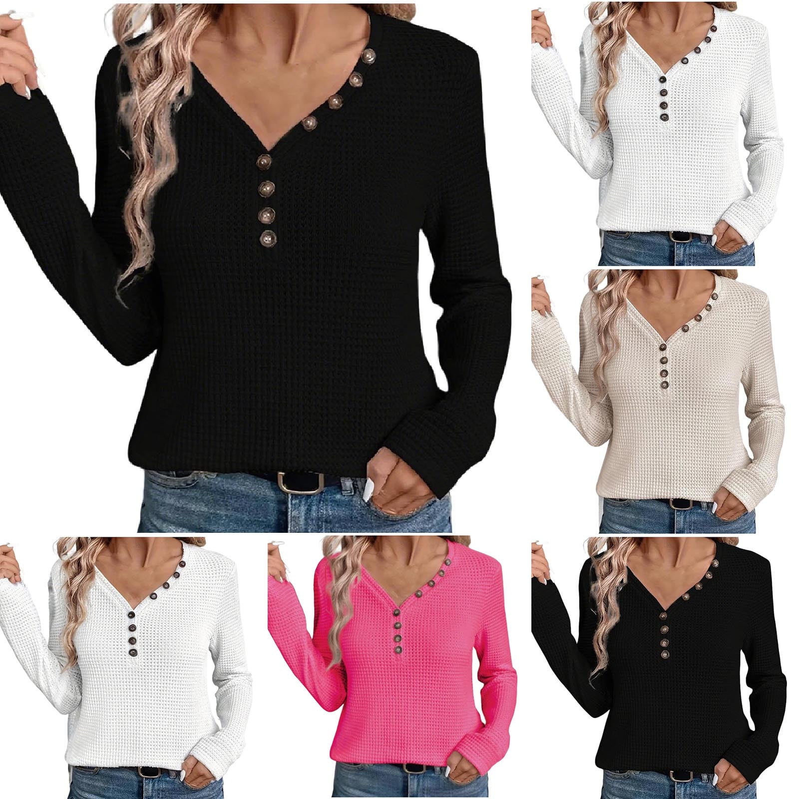 Antinious Ladies Casual V-Neck Solid Button Long Sleeve Plus Size Loose ...