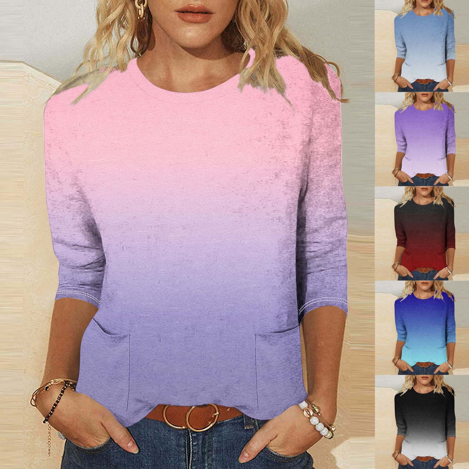Antinious Ladies Fashion Casual Round Neck Gradient Print Double Pocket ...