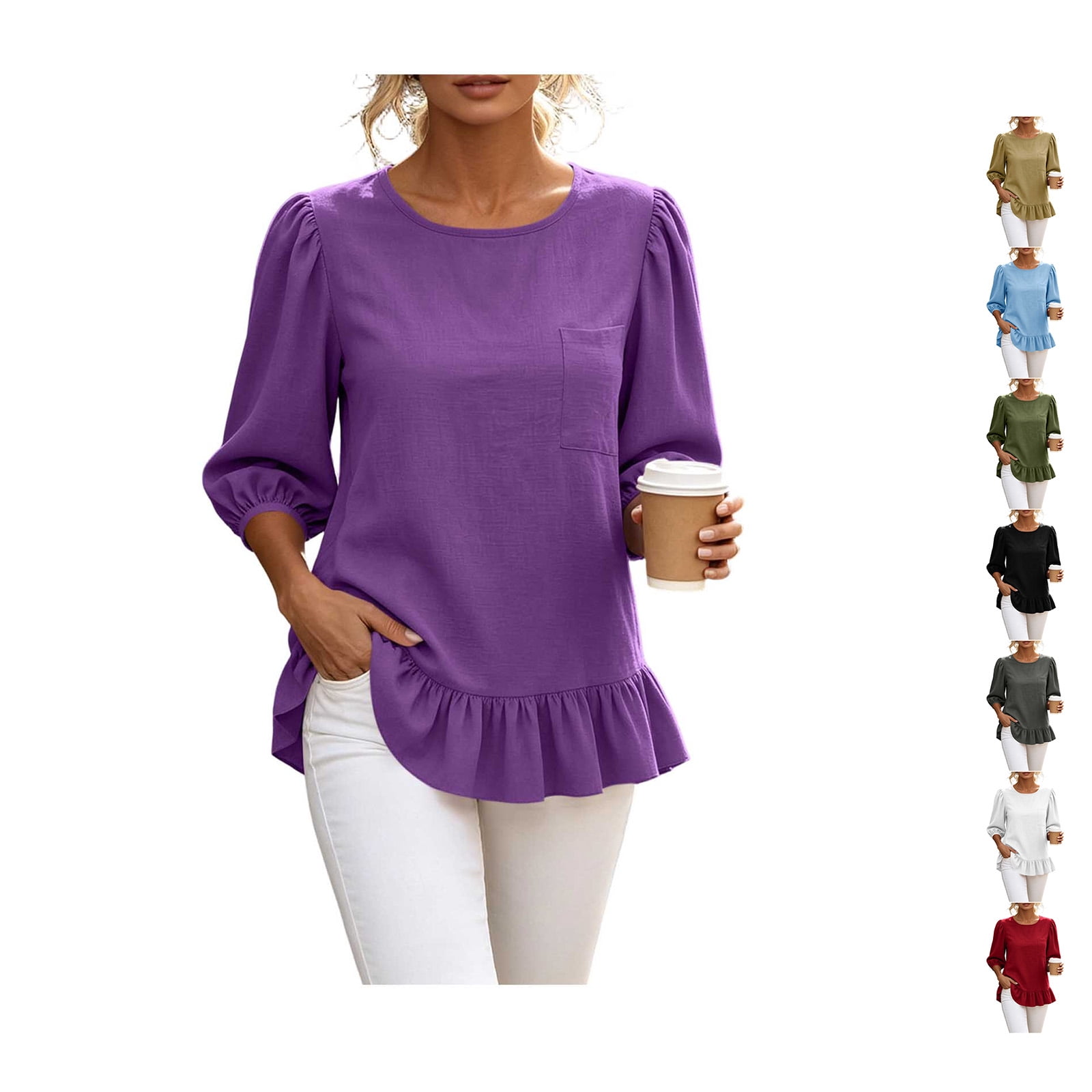 Antinious Ladies Fashion Solid Round Neck Soft Loose Ruffle Hem Pocket ...