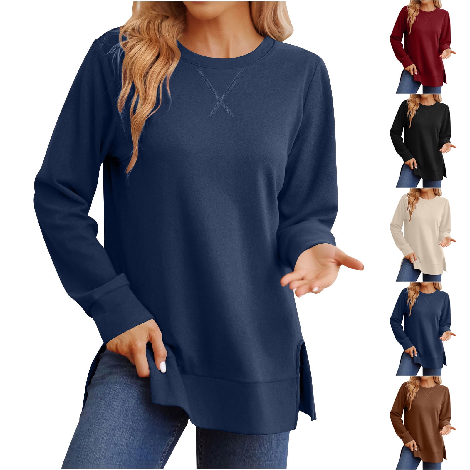 Antinious Ladies Long Sleeve Round Neck Solid Fashion Everyday Casual ...