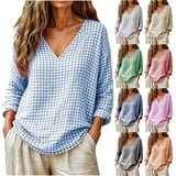 Antinious Ladies Loose V-Neck Check Long Sleeve Casual Comfortable Tops ...