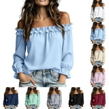 Antinious Ladies Off Shoulder Ruffle Long Sleeve Puff Cuff Casual ...
