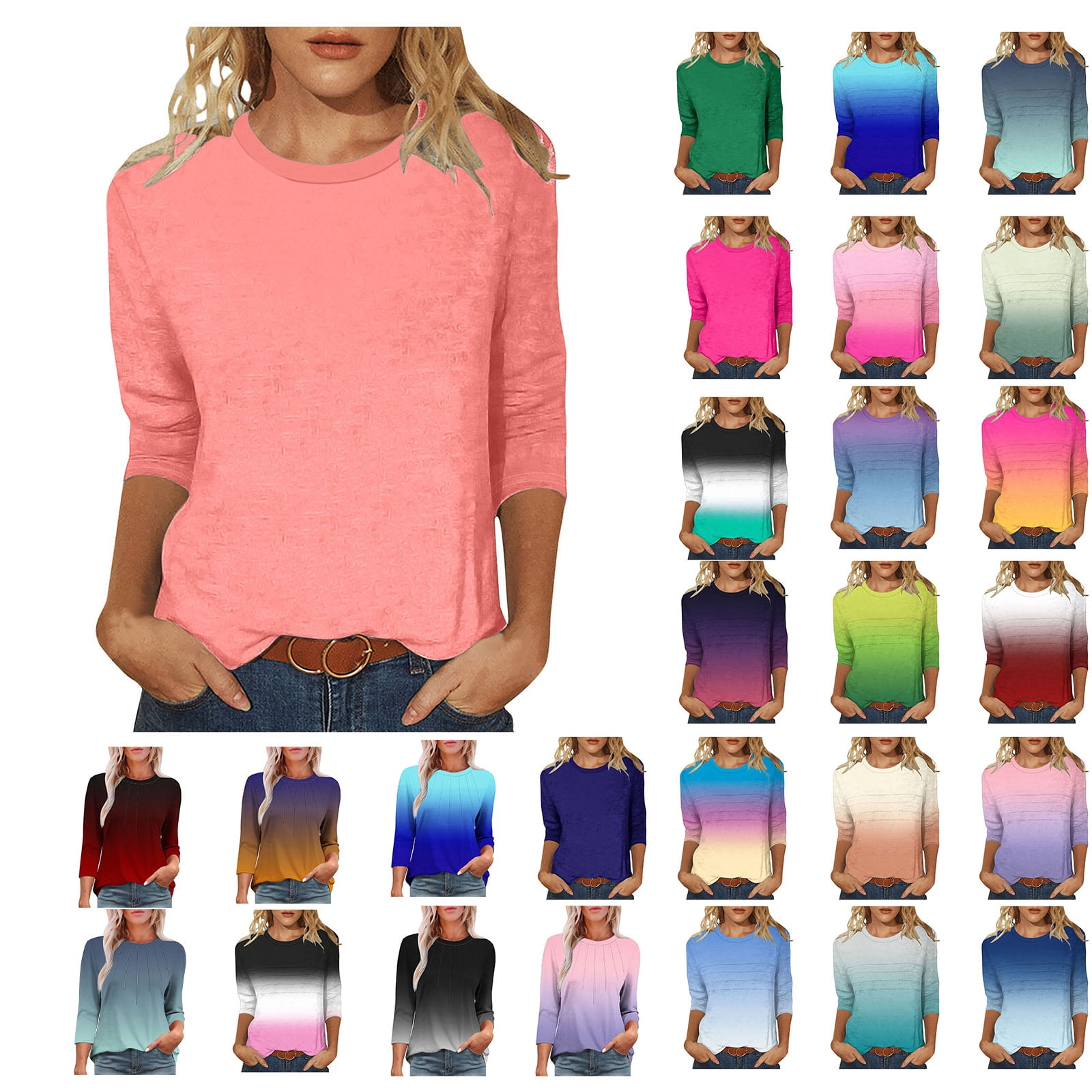 Antinious Ladies Round Neck Gradient Pleated 3/4 Sleeve Breathable Soft ...