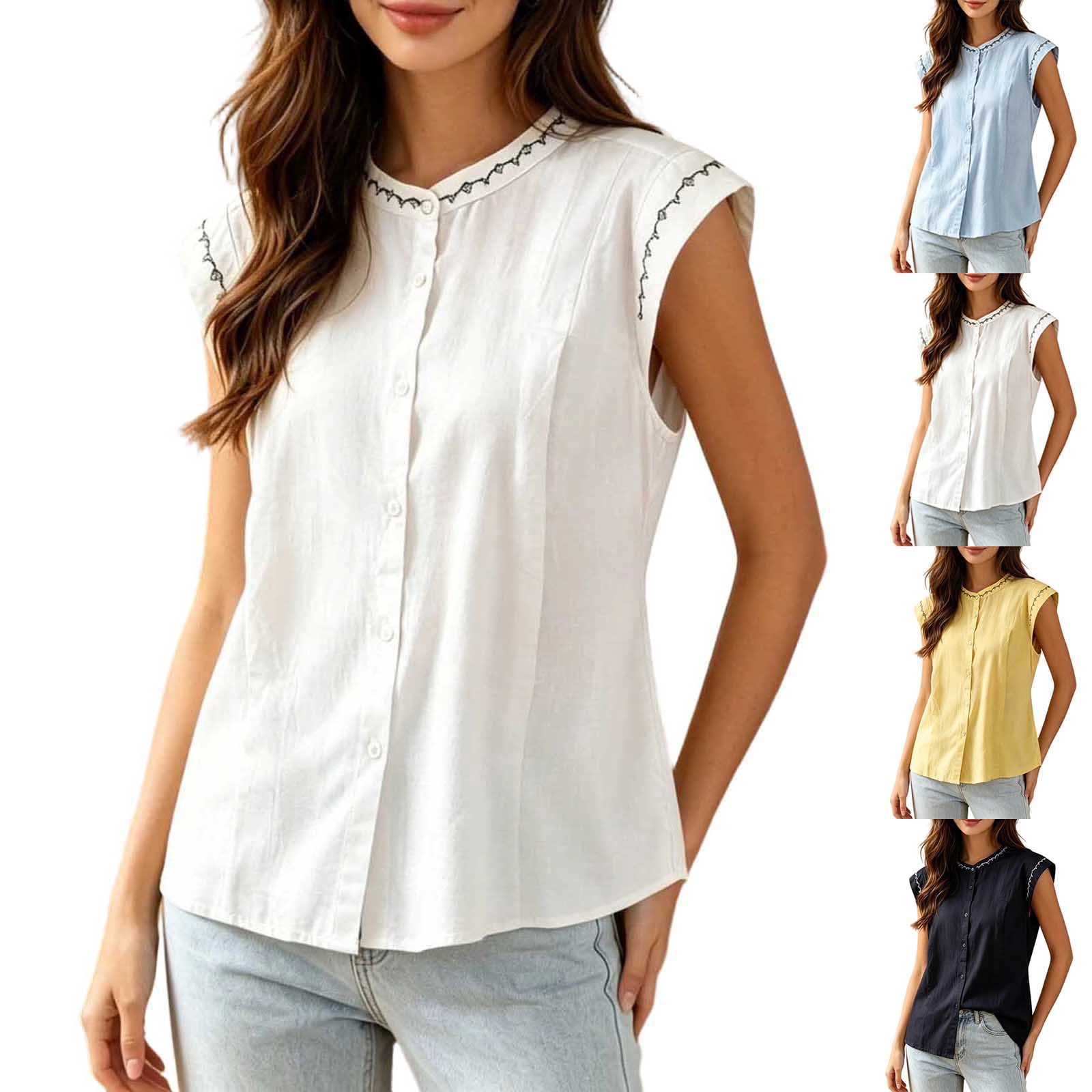 Antinious Ladies Round Neck Sleeveless Embroidered Button Loose Trendy ...