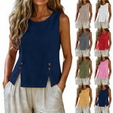Antinious Ladies Round Neck Sleeveless Solid Button Split Hem Casual ...
