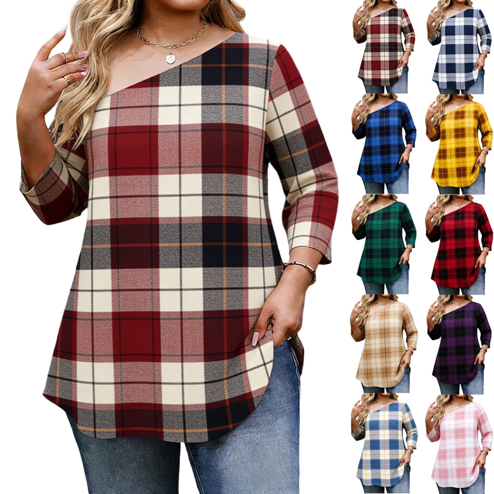 Antinious Ladies Skew Collar 3/4 Sleeve Check Print Elegant Plus Size ...