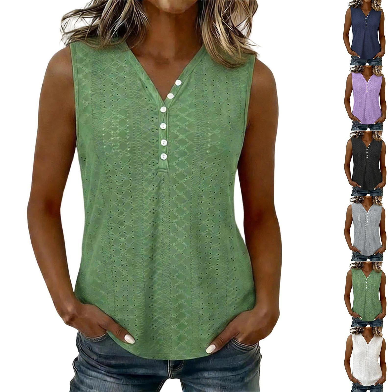 Antinious Ladies Sleeveless Solid Button Loose Casual Daily Basic Tank ...