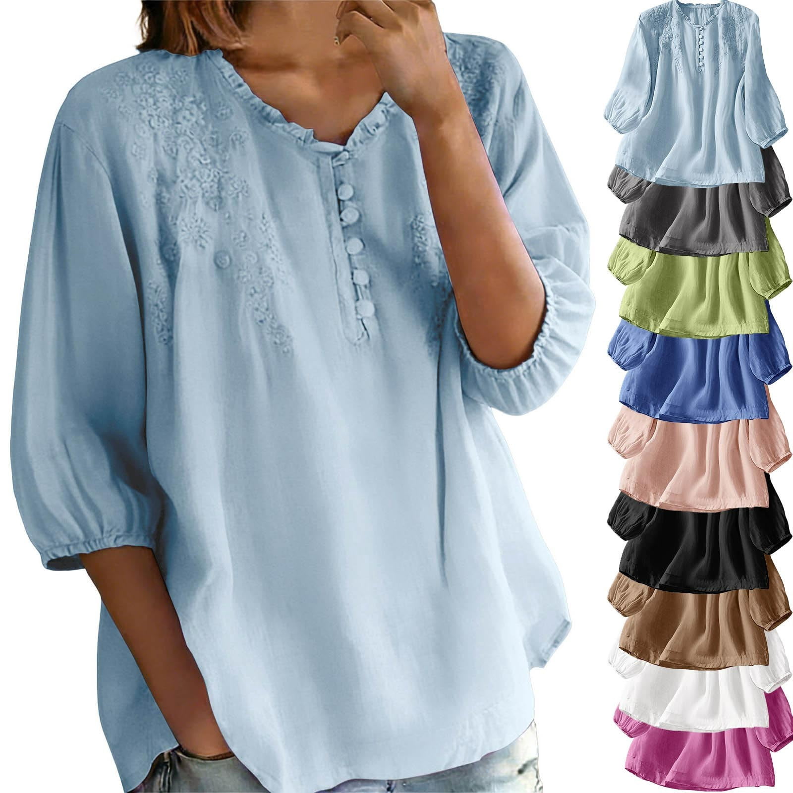Antinious Ladies Soft Solid Embroidery V-Neck 3/4 Sleeve Versatile ...