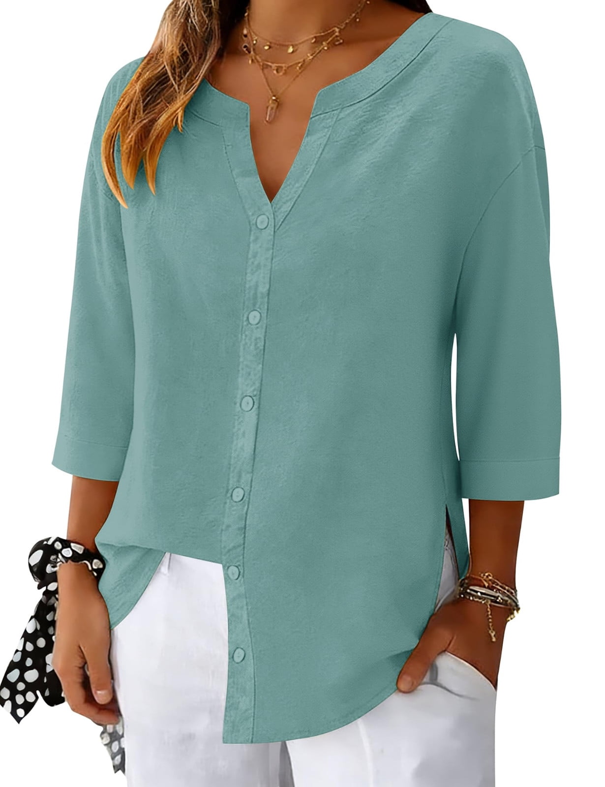 Antinious Ladies Solid 3/4 Sleeve V-Neck Side Split Button Loose Dressy ...