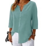 Antinious Ladies Solid 3/4 Sleeve V-Neck Side Split Button Loose Dressy ...