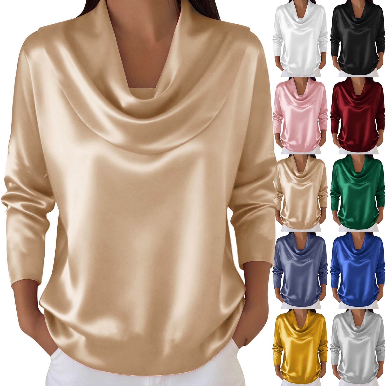 Antinious Ladies Solid Elegant Drape Neck Satin Long Sleeve Dressy ...