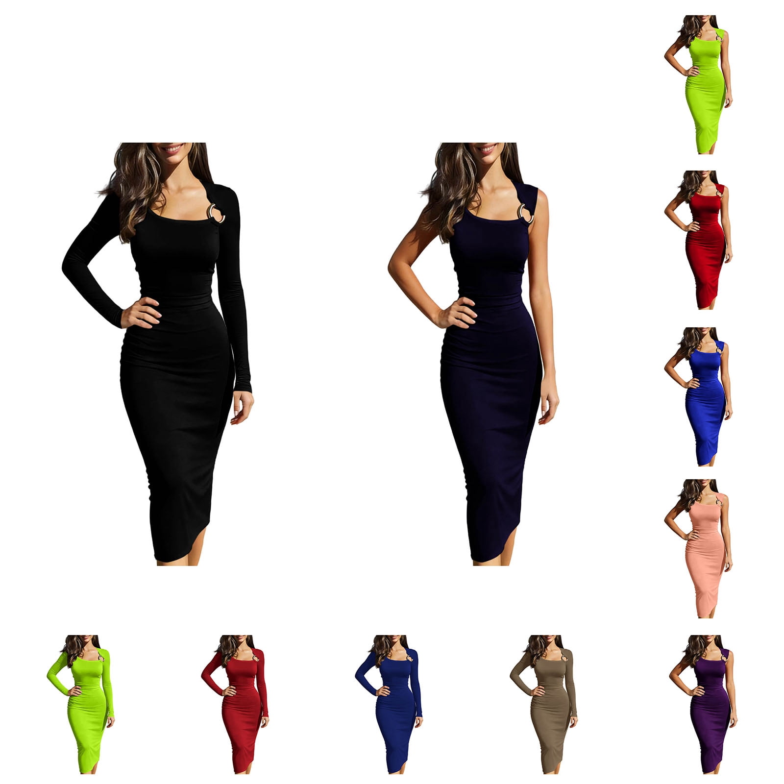 Antinious Ladies Solid Irregular Neck Ring Detail Bodycon Summer Mid ...