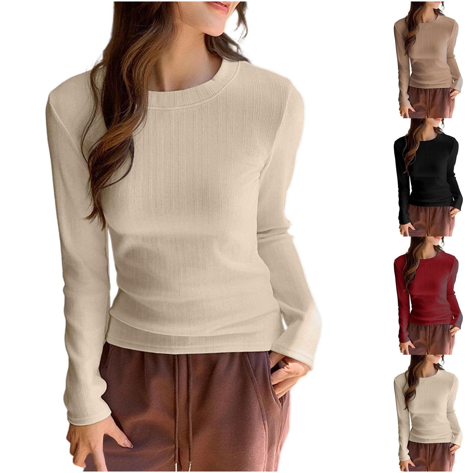 Antinious Ladies Solid Round Neck Casual Pullover Base Long Sleeve ...