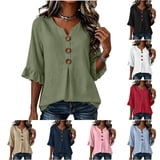 Antinious Ladies Solid V-Neck Button 3/4 Sleeve Ruffle Pullover Going ...