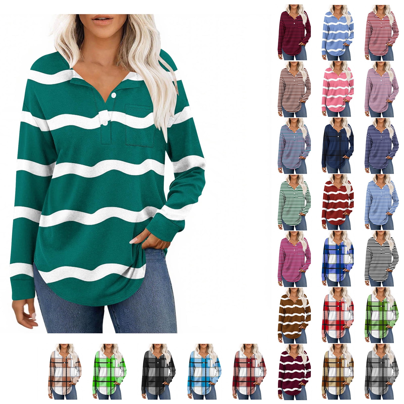 Antinious Ladies Stripe Print Long Sleeve Button V-Neck Fashion ...