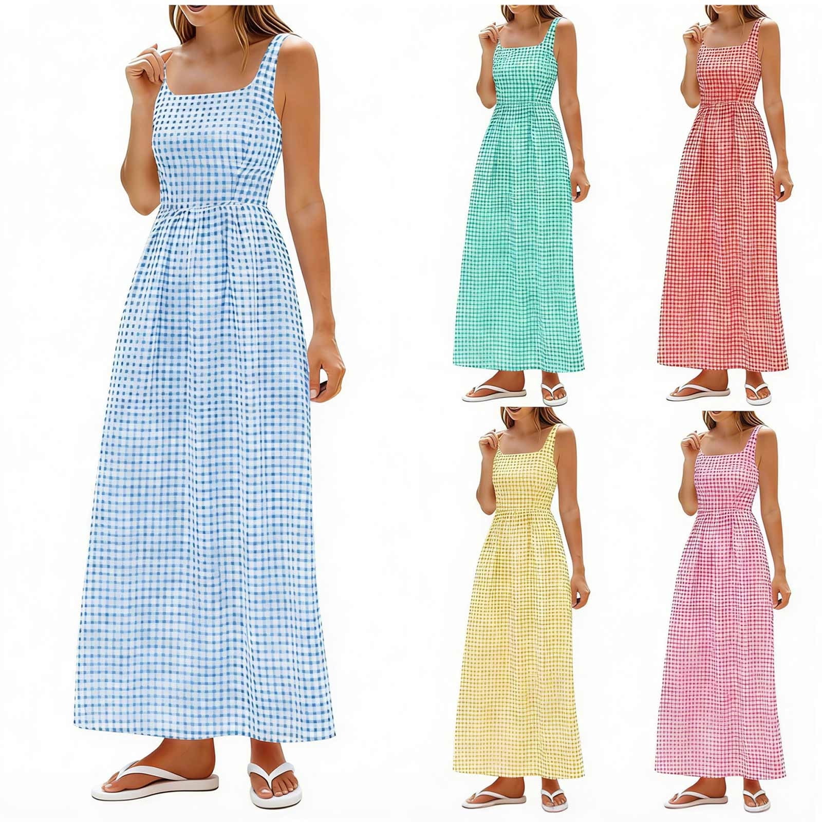 Antinious Ladies Summer Check Spaghetti Straps A-Line Long Dress ...