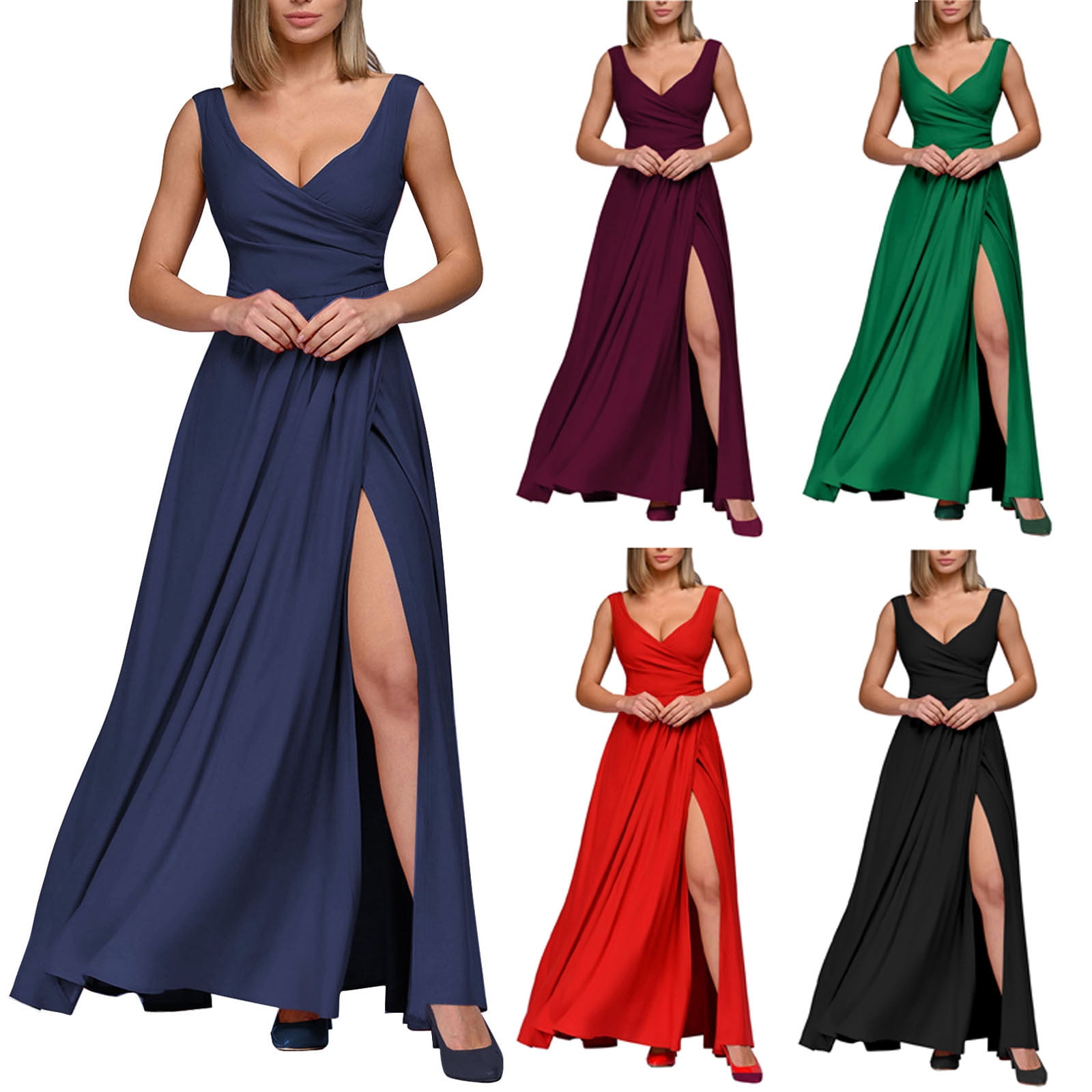 Antinious Women Sleeveless V-Neck Solid High Waist Slit Long Evening ...