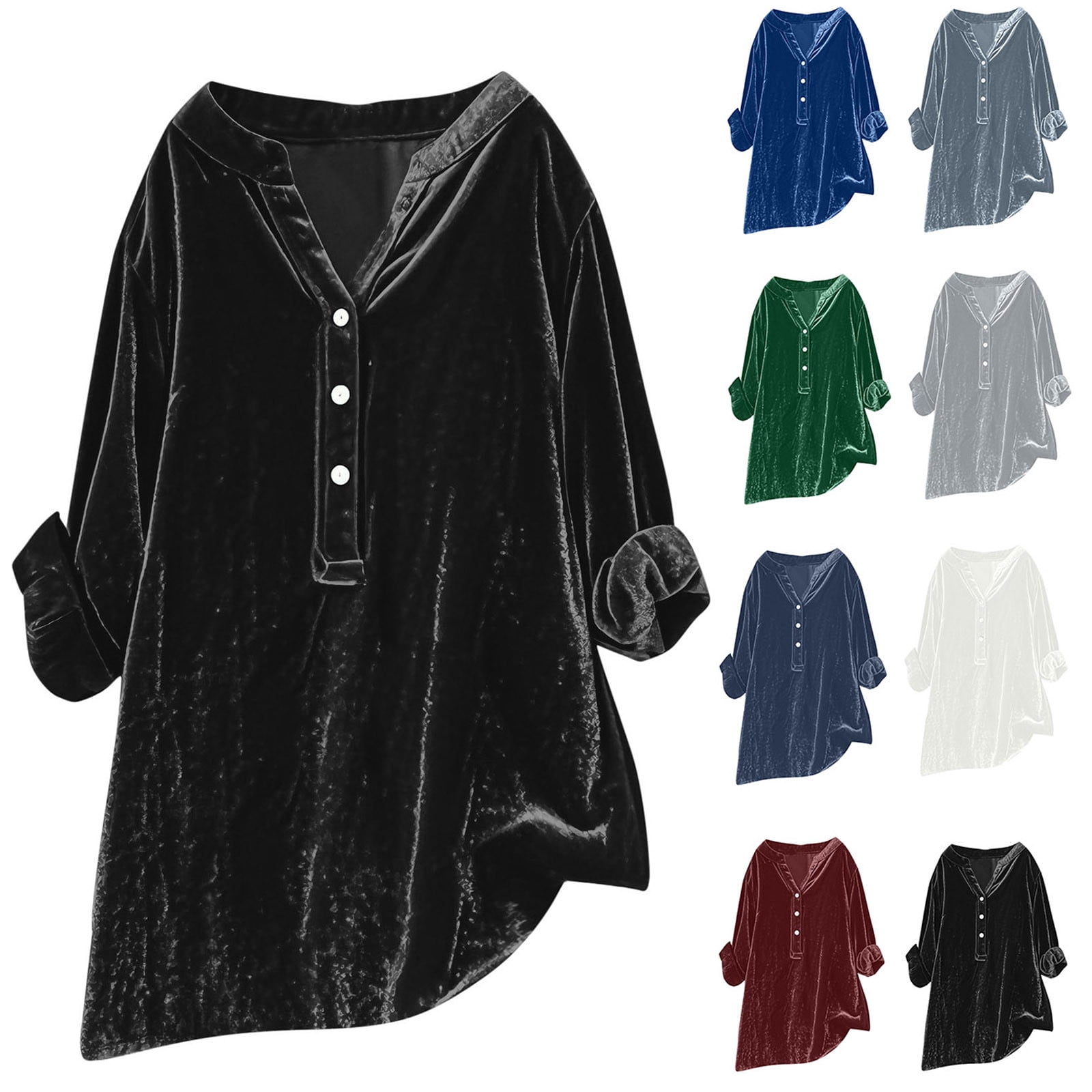 Antinious Ladies V-Neck Long Sleeve Velvet Half Button Dressy Casual ...