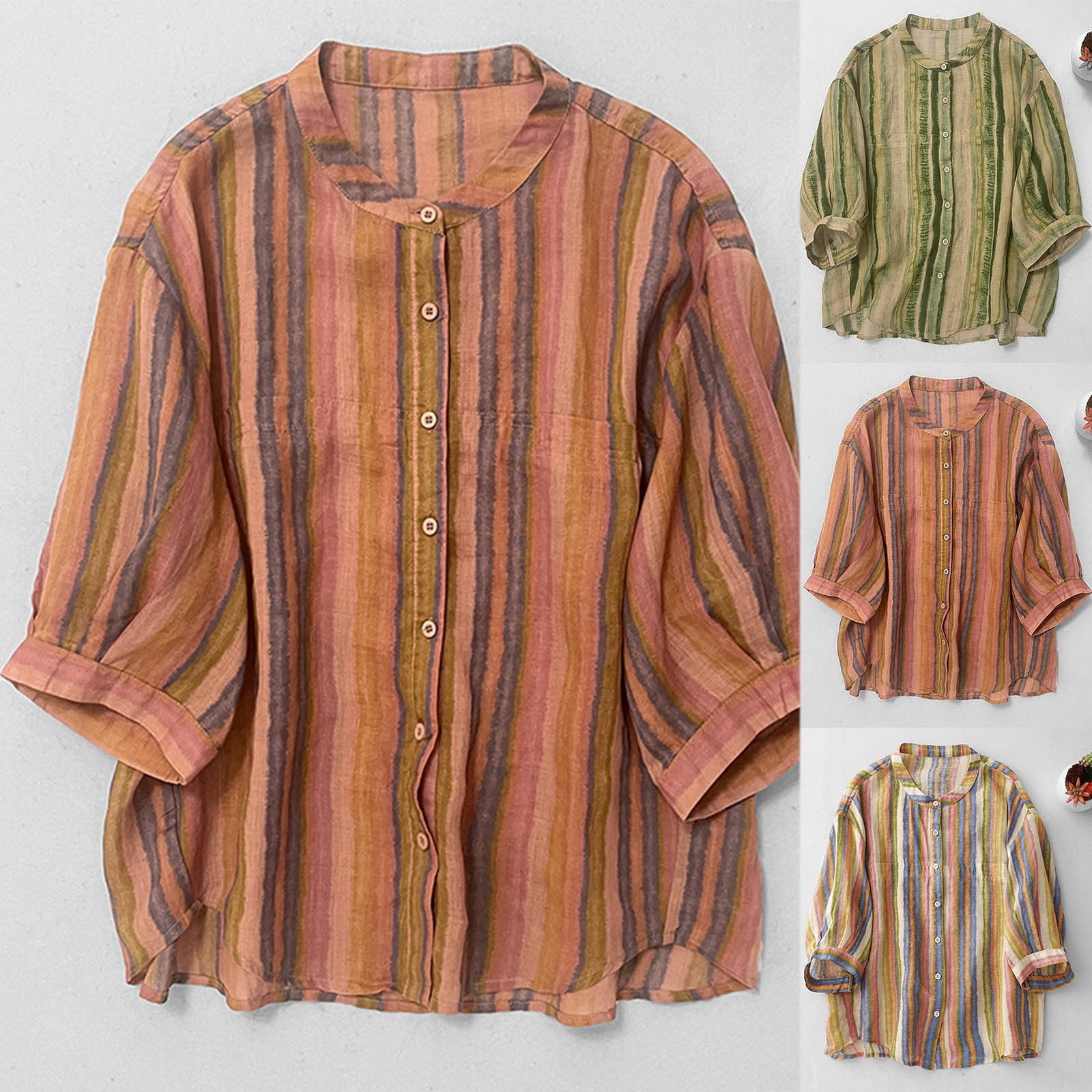 Antinious Ladies Vintage Gradient Stripe Button Soft 3/4 Sleeve Loose ...