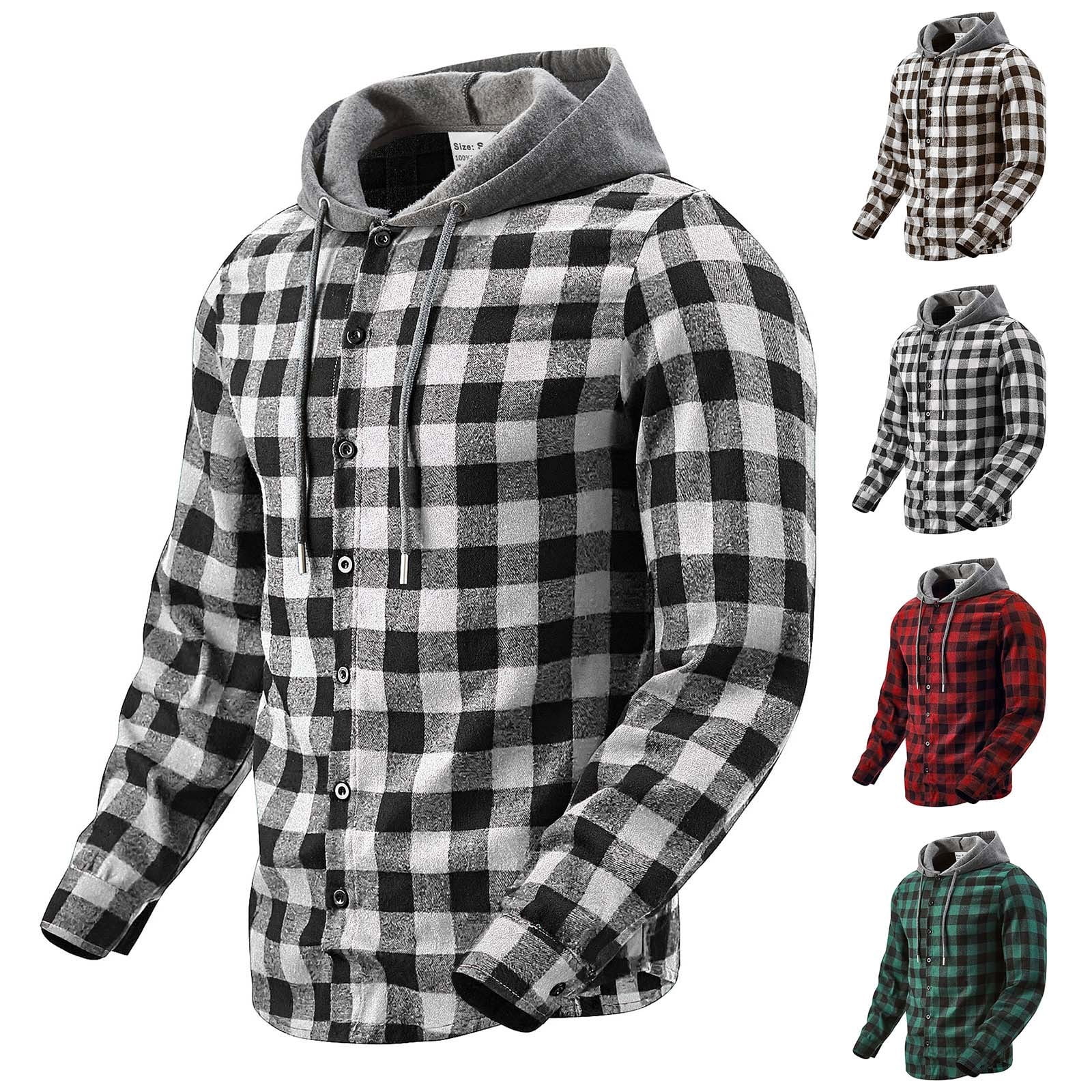 Antinious Men Check Hooded Collar Long Sleeve Trendy Loose Casual ...