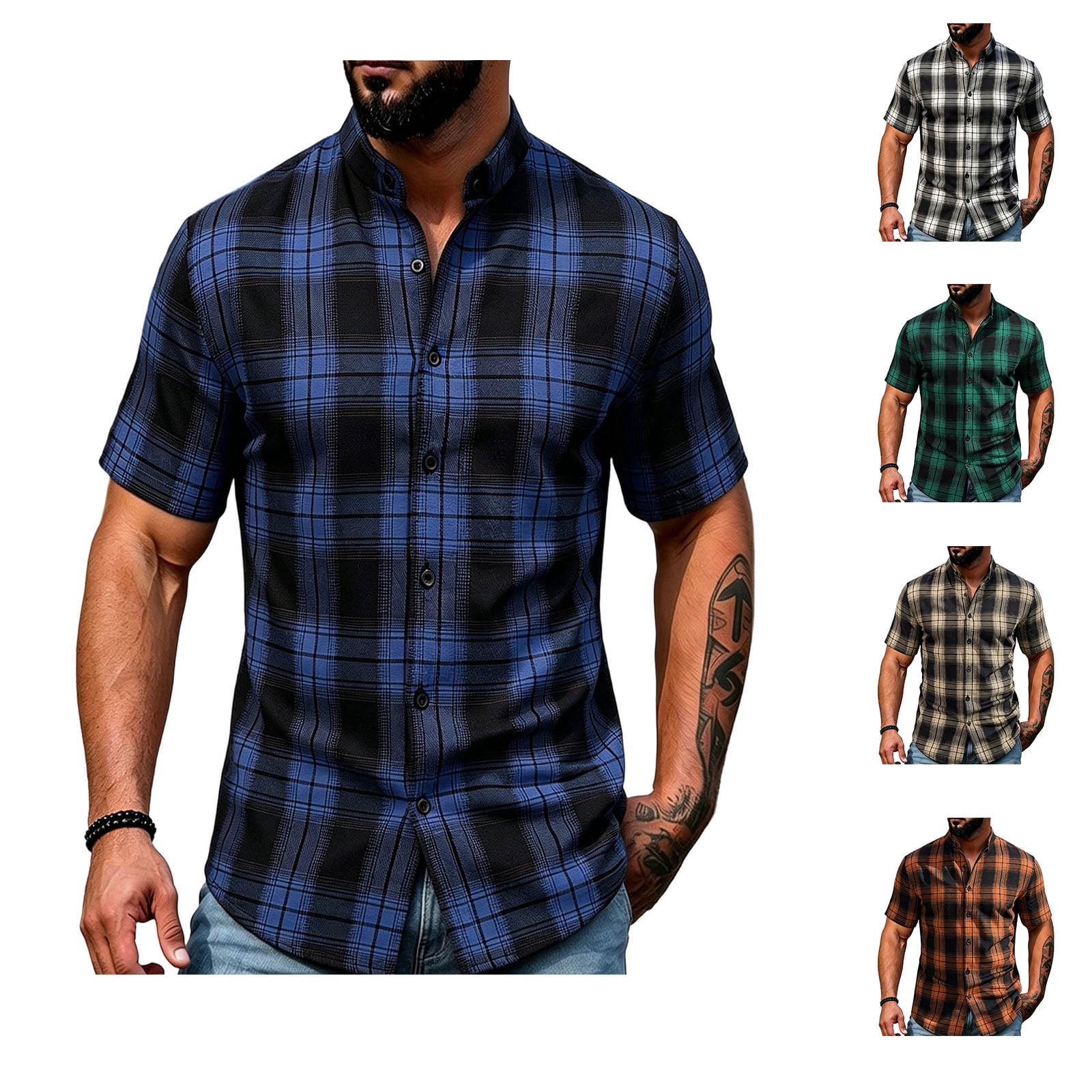Antinious Men Check Stand Collar Short Sleeve Trendy Outdoor Casual T ...