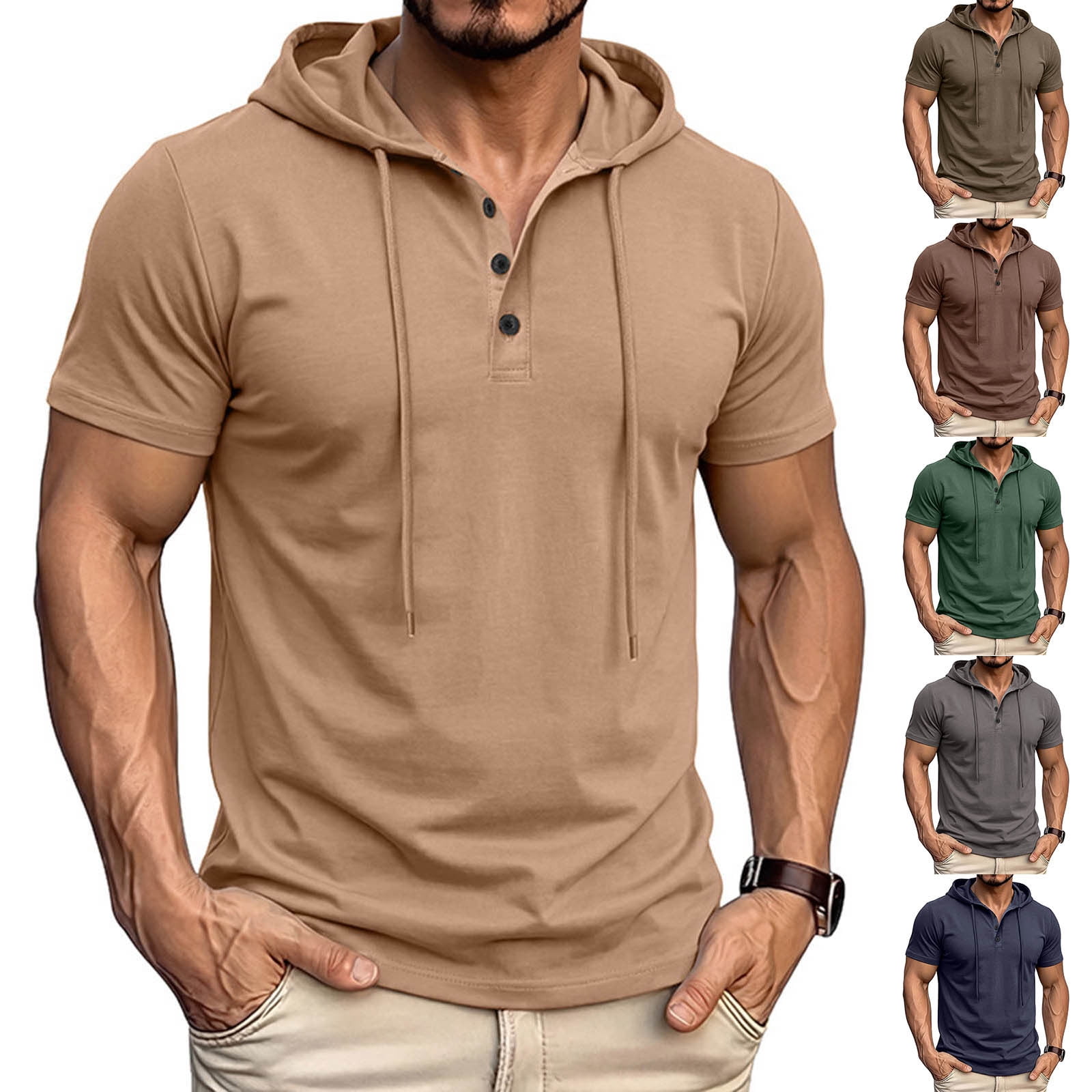 Antinious Men Hooded Button Pullover Short Sleeve Fitness T-Shirts ...