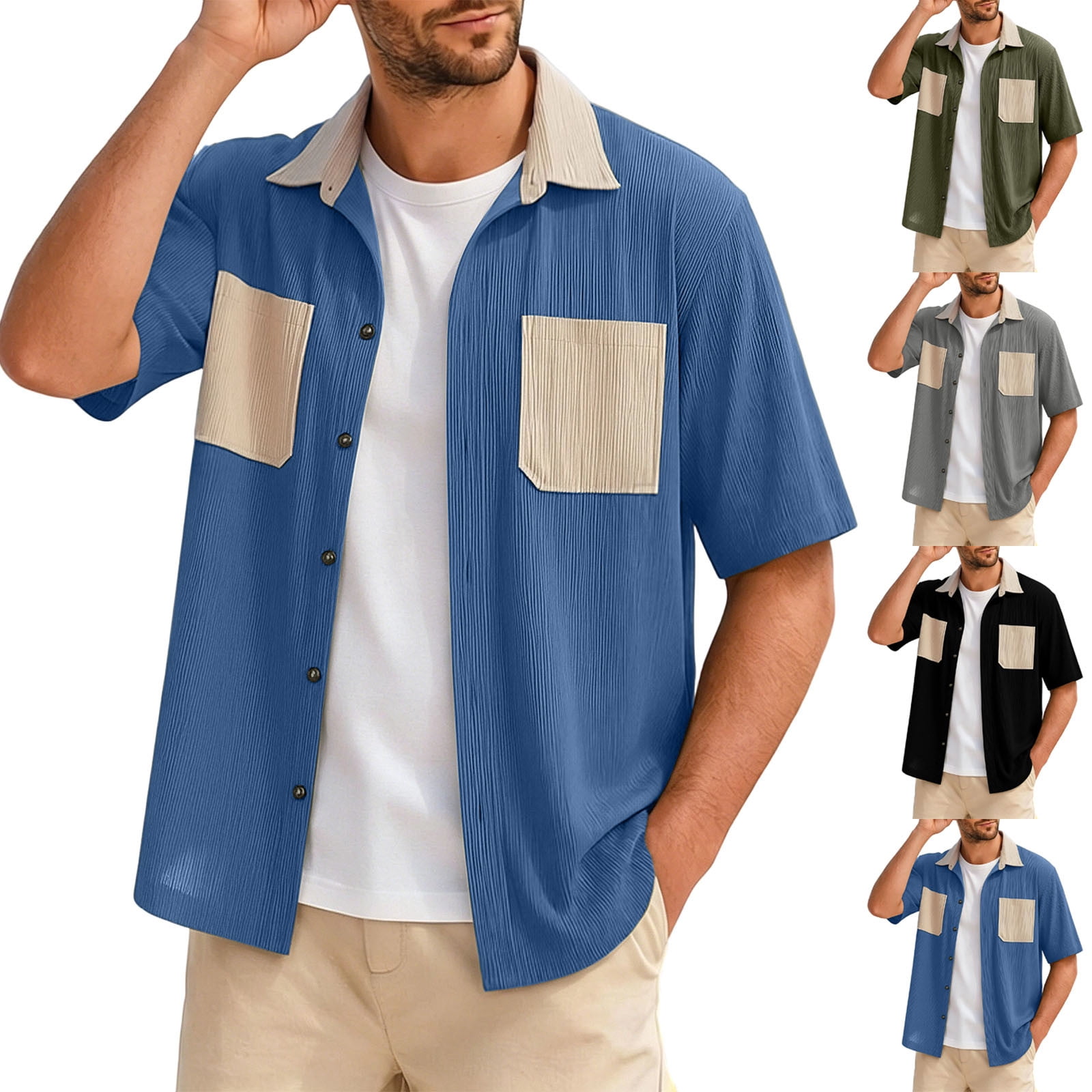 Antinious Men Patchwork Corduroy Button Pockets Collar Short Sleeve ...
