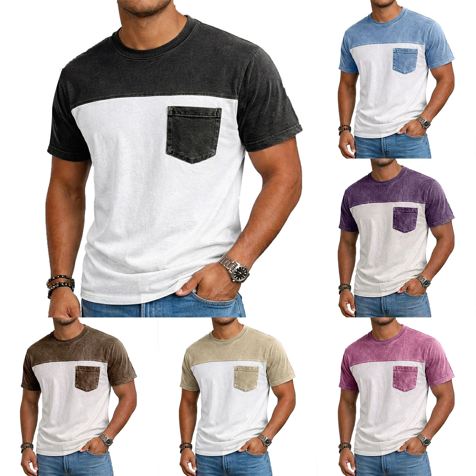 Antinious Men Patchwork Pockets Round Neck Pullover Short Sleeve Loose ...