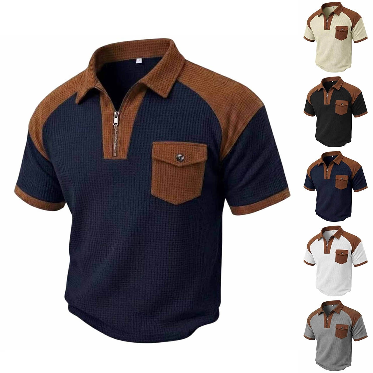 Antinious Men Patchwork Zip Collar Pocket Short Sleeve Trendy Casual T ...