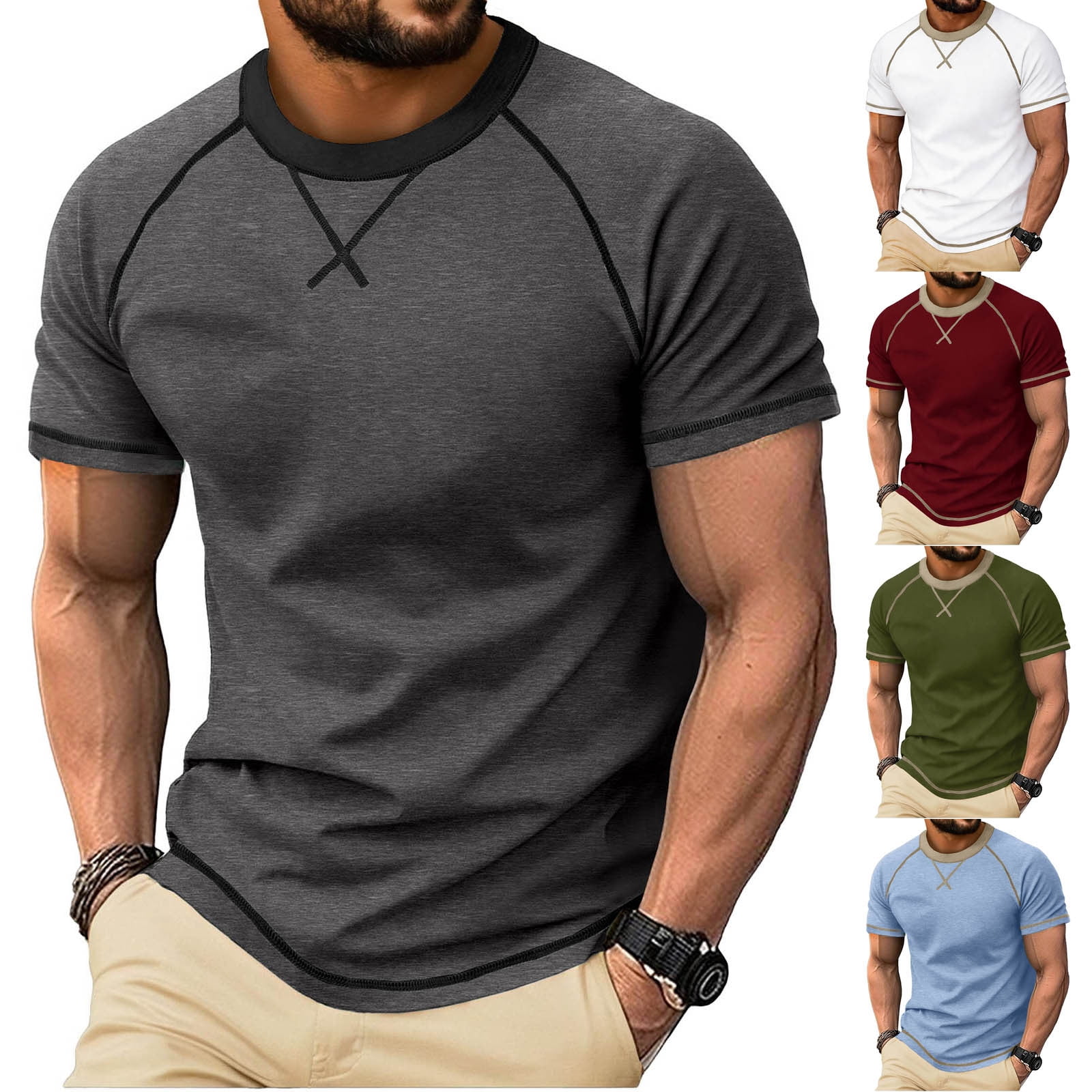 Antinious Men Raglan Sleeve Line Round Neck Pullover Short Sleeve T ...