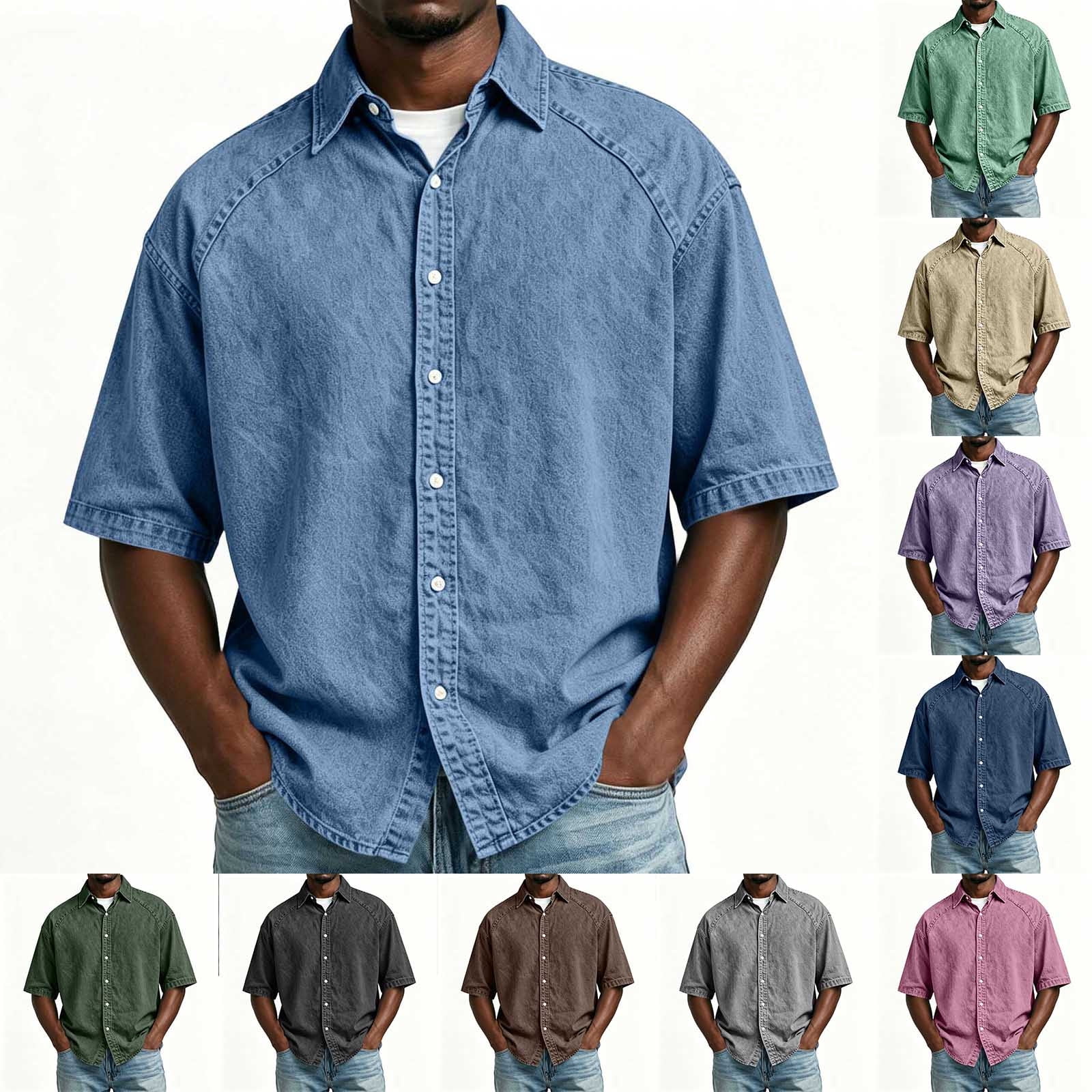 Antinious Men Solid Button Collar Short Sleeve Loose Trendy Casual Tops ...