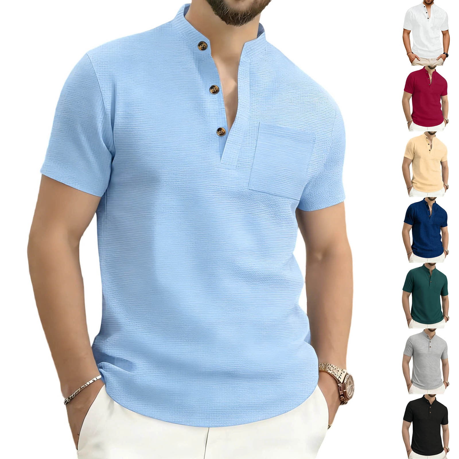 Antinious Men Solid Button Collared Short Sleeve Trendy Versatile ...