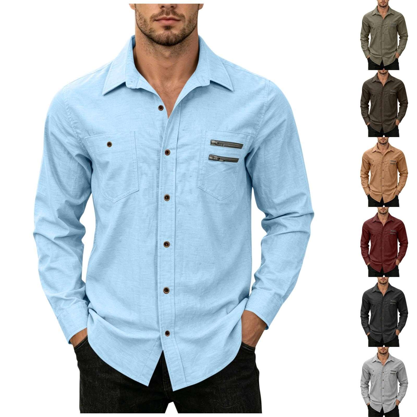 Antinious Men Solid Button Pockets Collar Long Sleeve Vacation ...