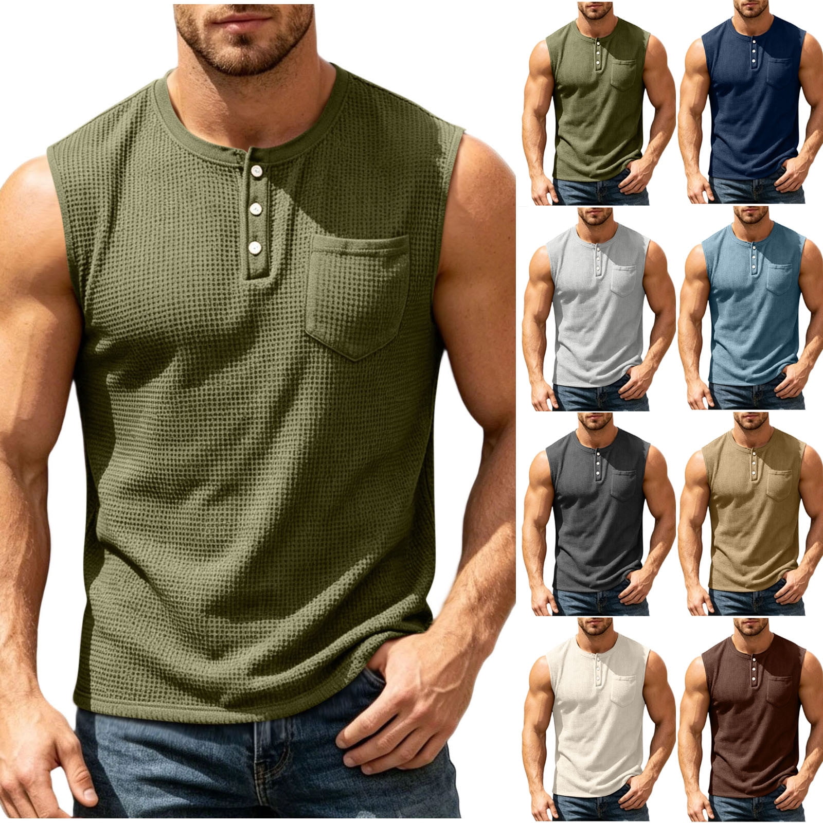 Antinious Men Solid Button Pockets Round Neck Sleeveless Loose ...