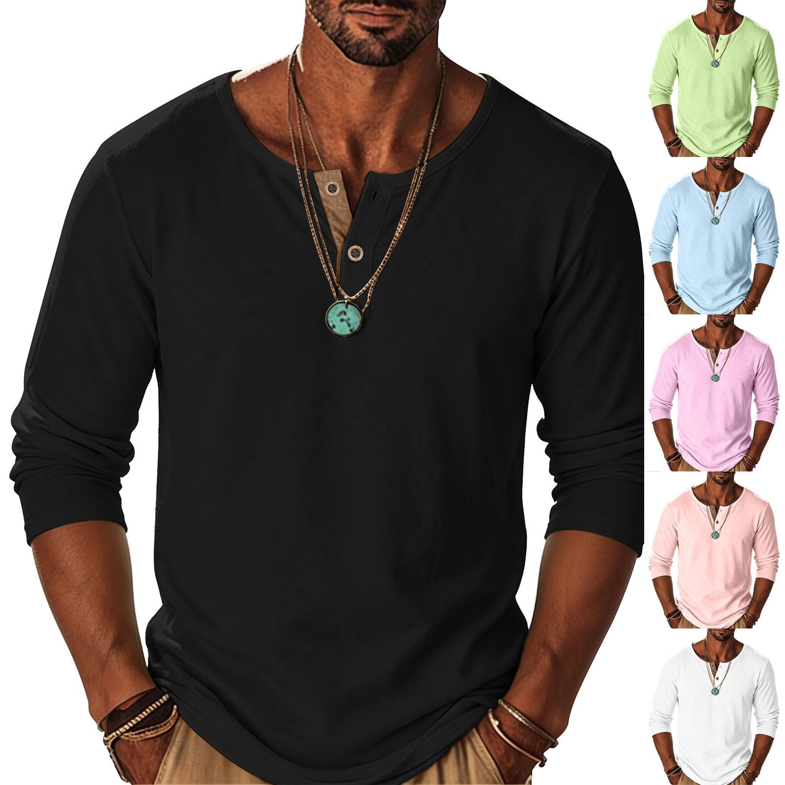 Antinious Men Solid Button Round Neck Pullover Long Sleeve Loose ...
