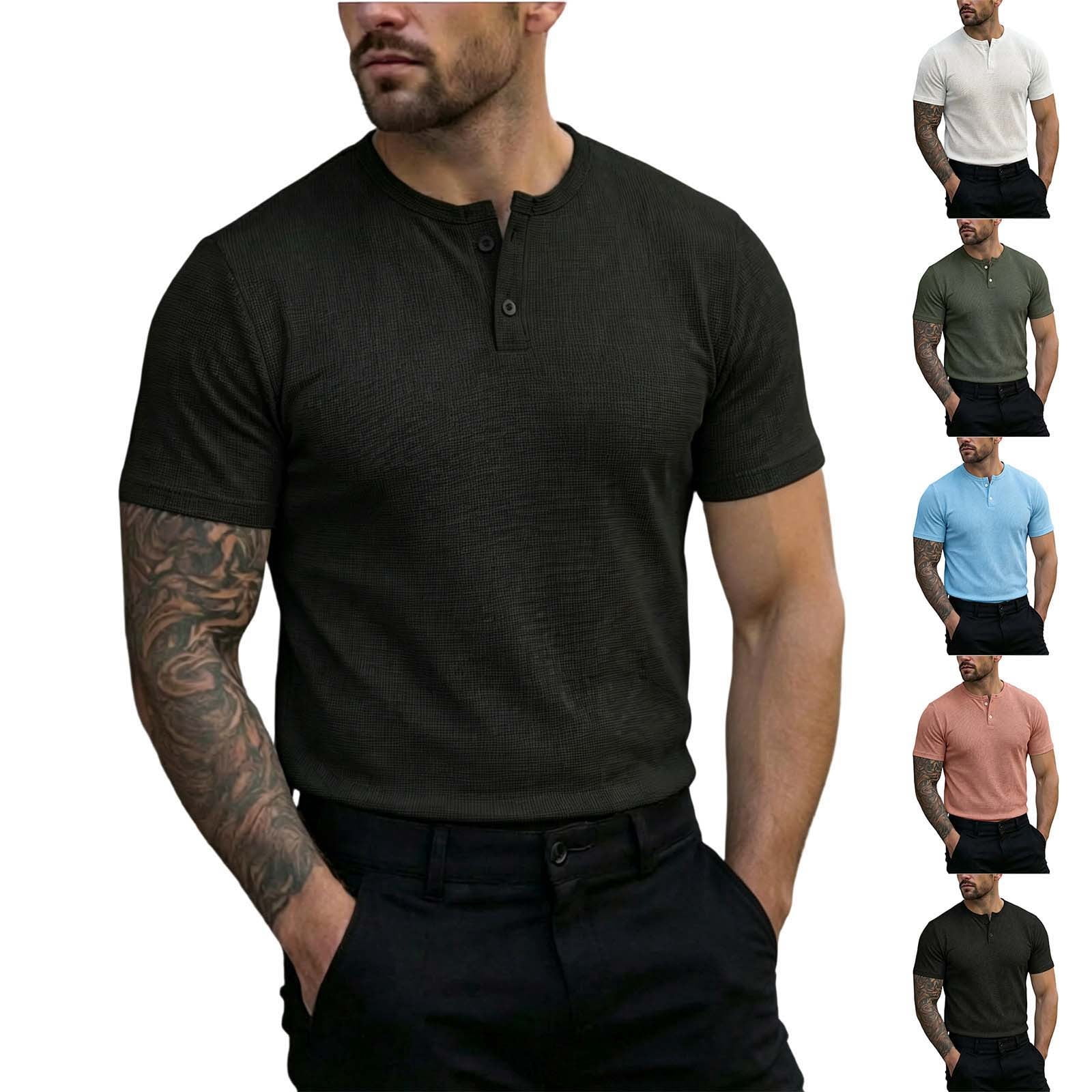 Antinious Men Solid Button Round Neck Pullover Short Sleeve Outdoor ...