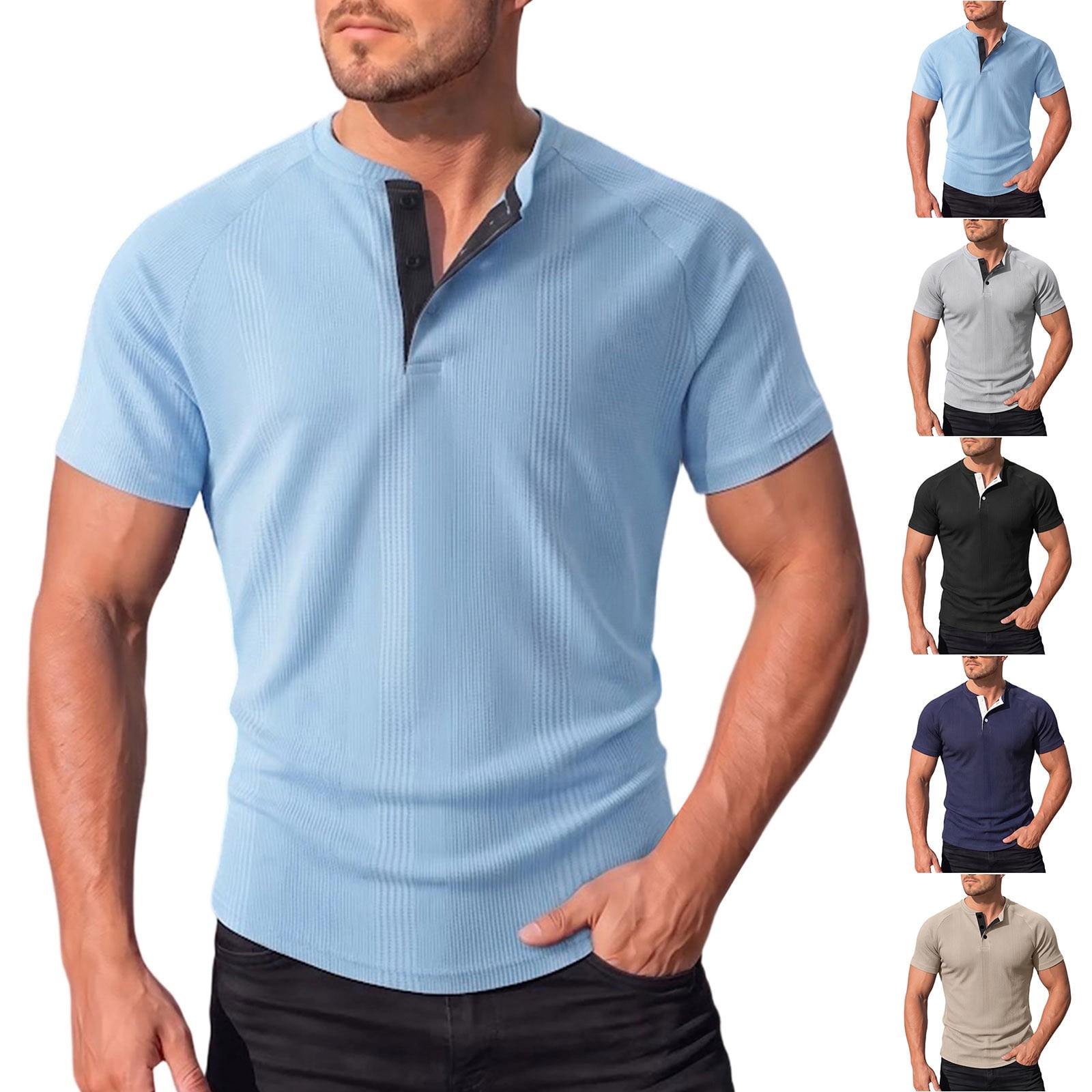 Antinious Men Solid Button Round Neck Short Sleeve Trendy Casual T ...