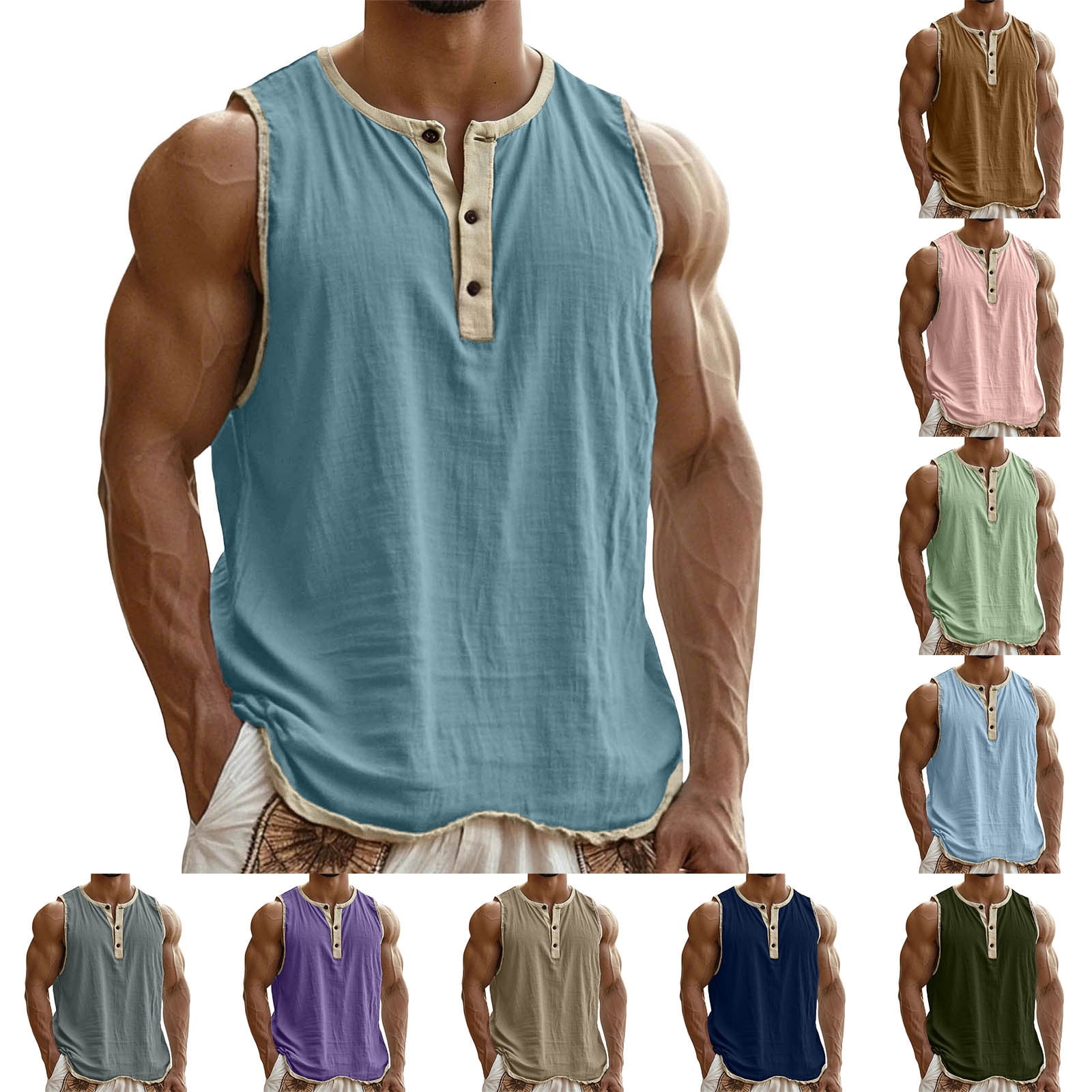 Antinious Men Solid Button Round Neck Sleeveless Loose Comfortable ...
