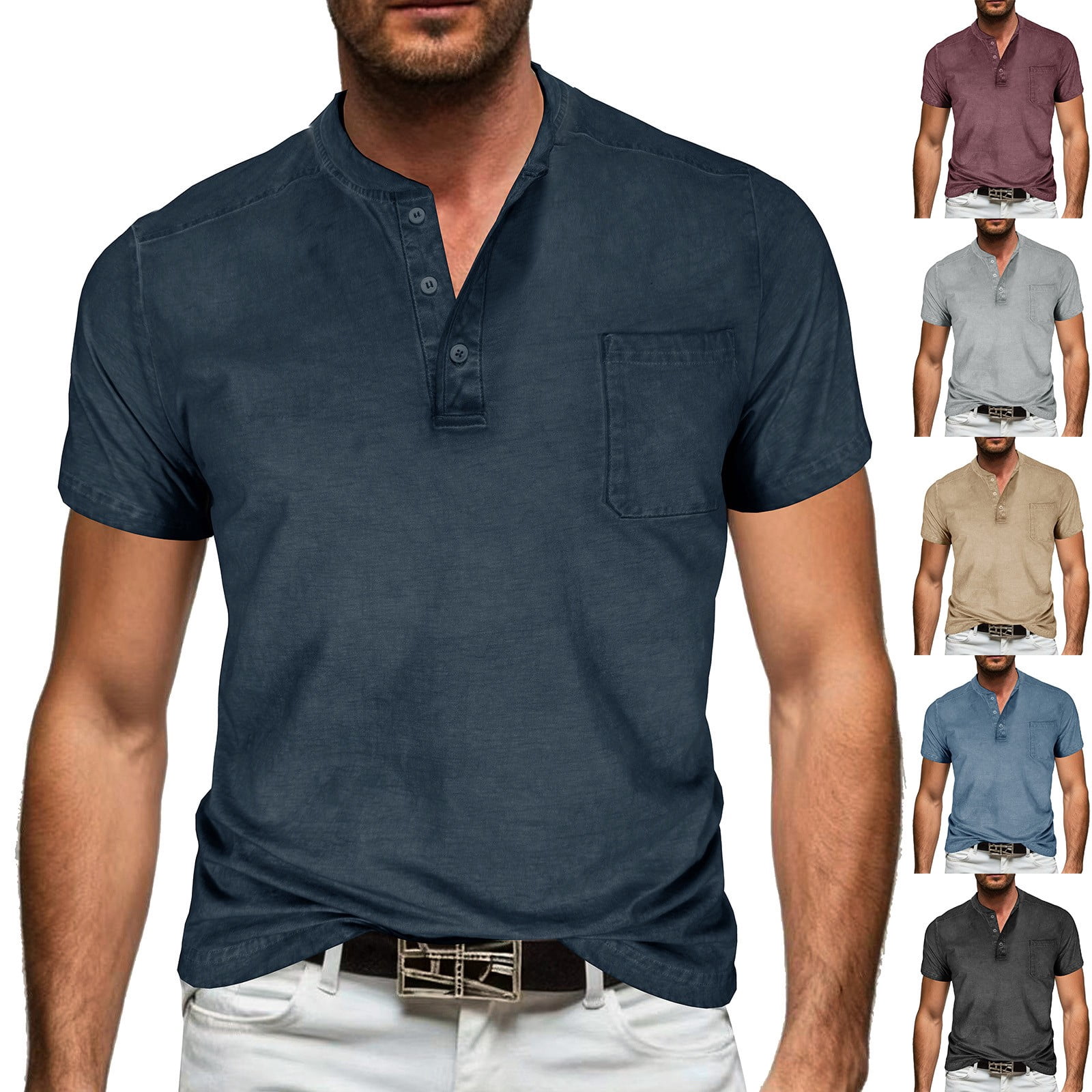 Antinious Men Solid Button Split Round Neck Collared Short Sleeve Loose ...