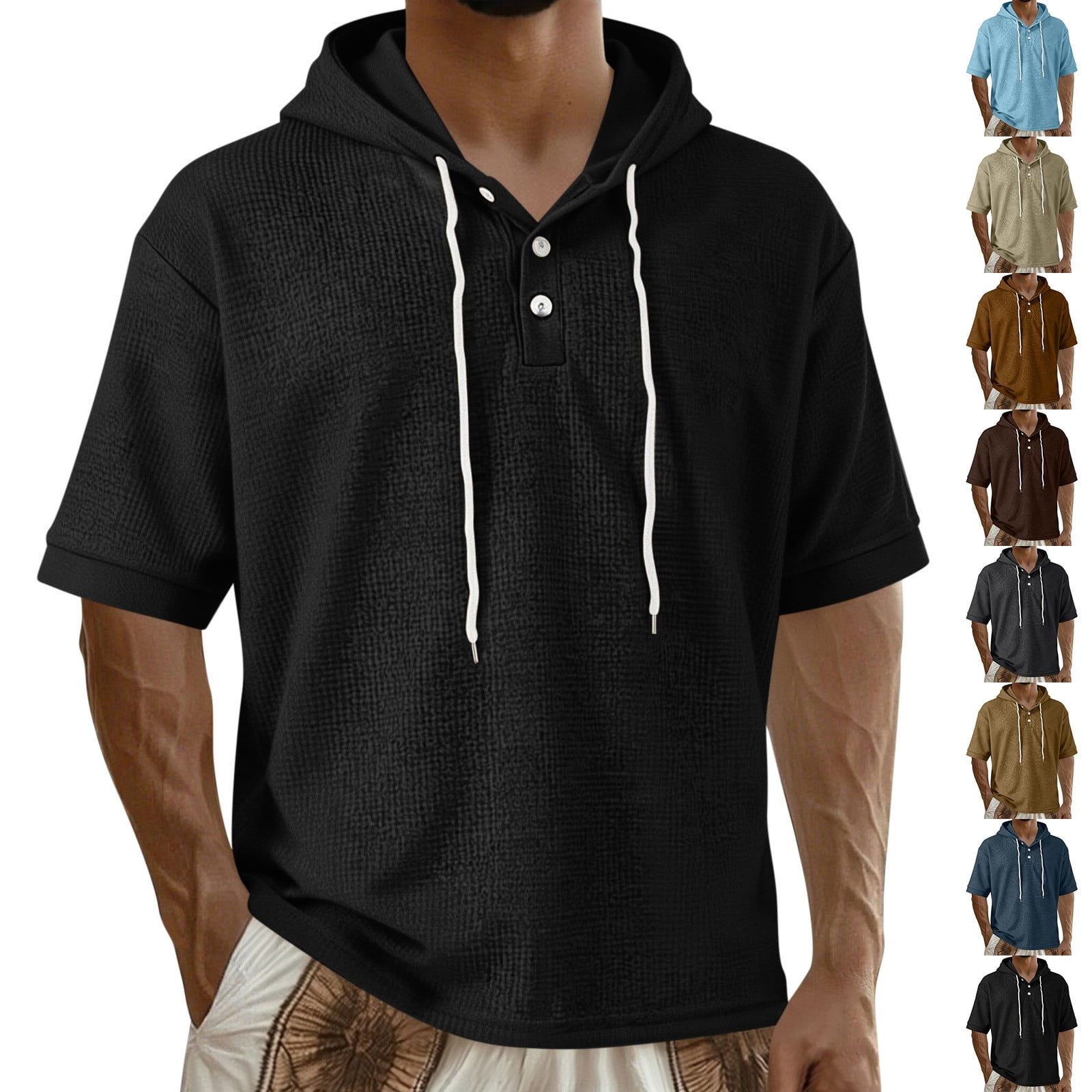 Antinious Men Solid Button Stand Collar Drawstring Pullover Short ...