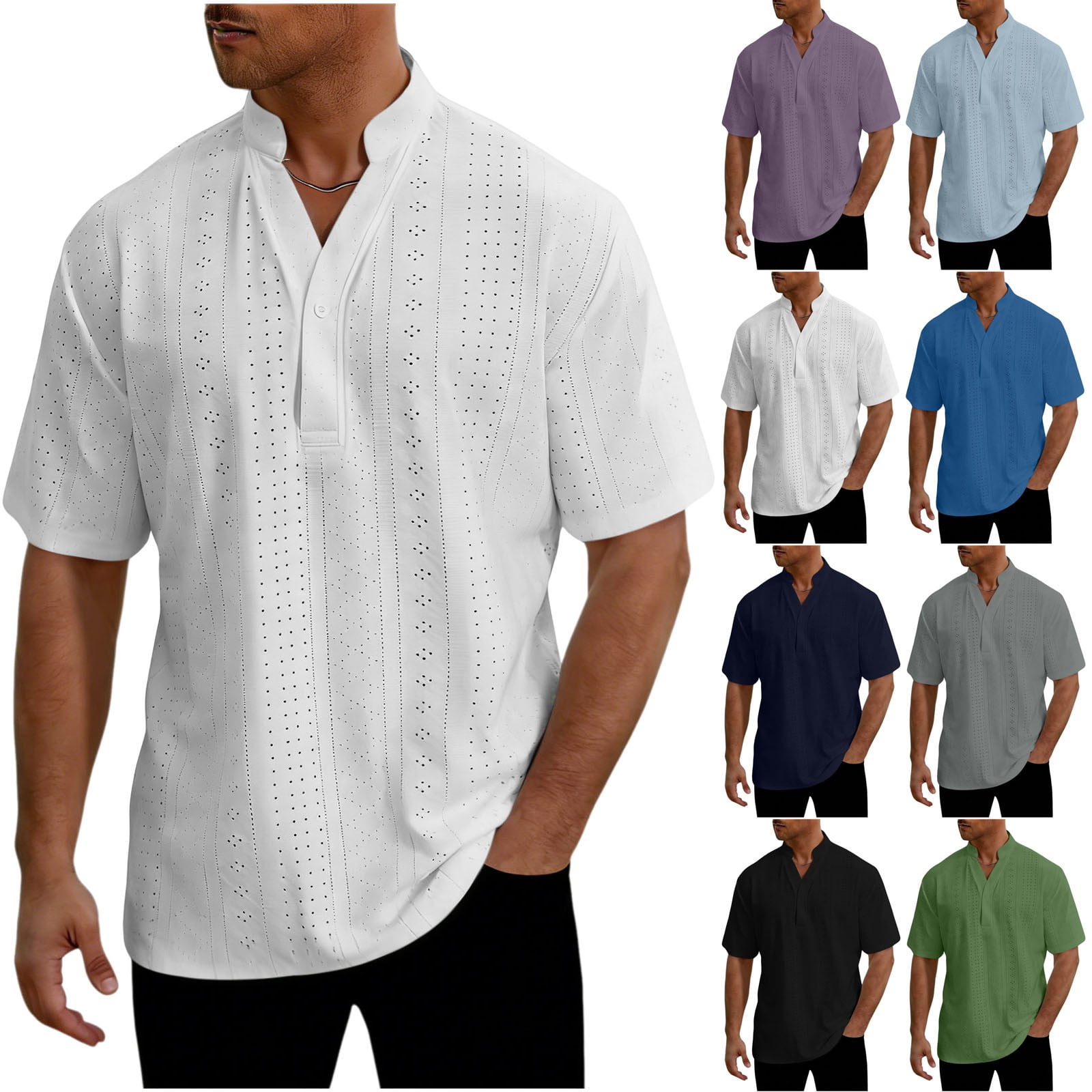 Antinious Men Solid Button V-Neck Round Neck Short Sleeve Vintage Loose ...