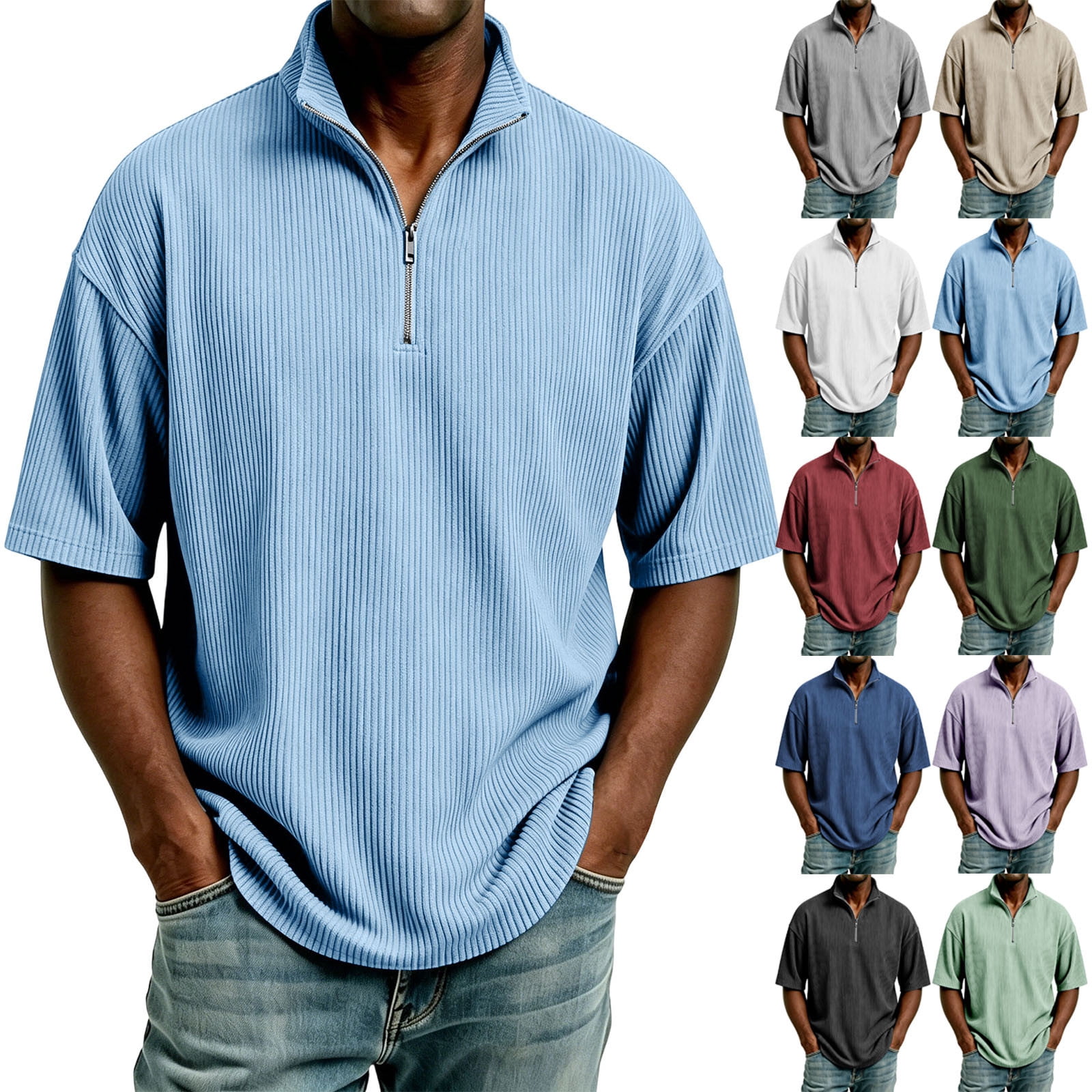 Antinious Men Solid Collared Short Sleeve Loose Breathable Trendy ...