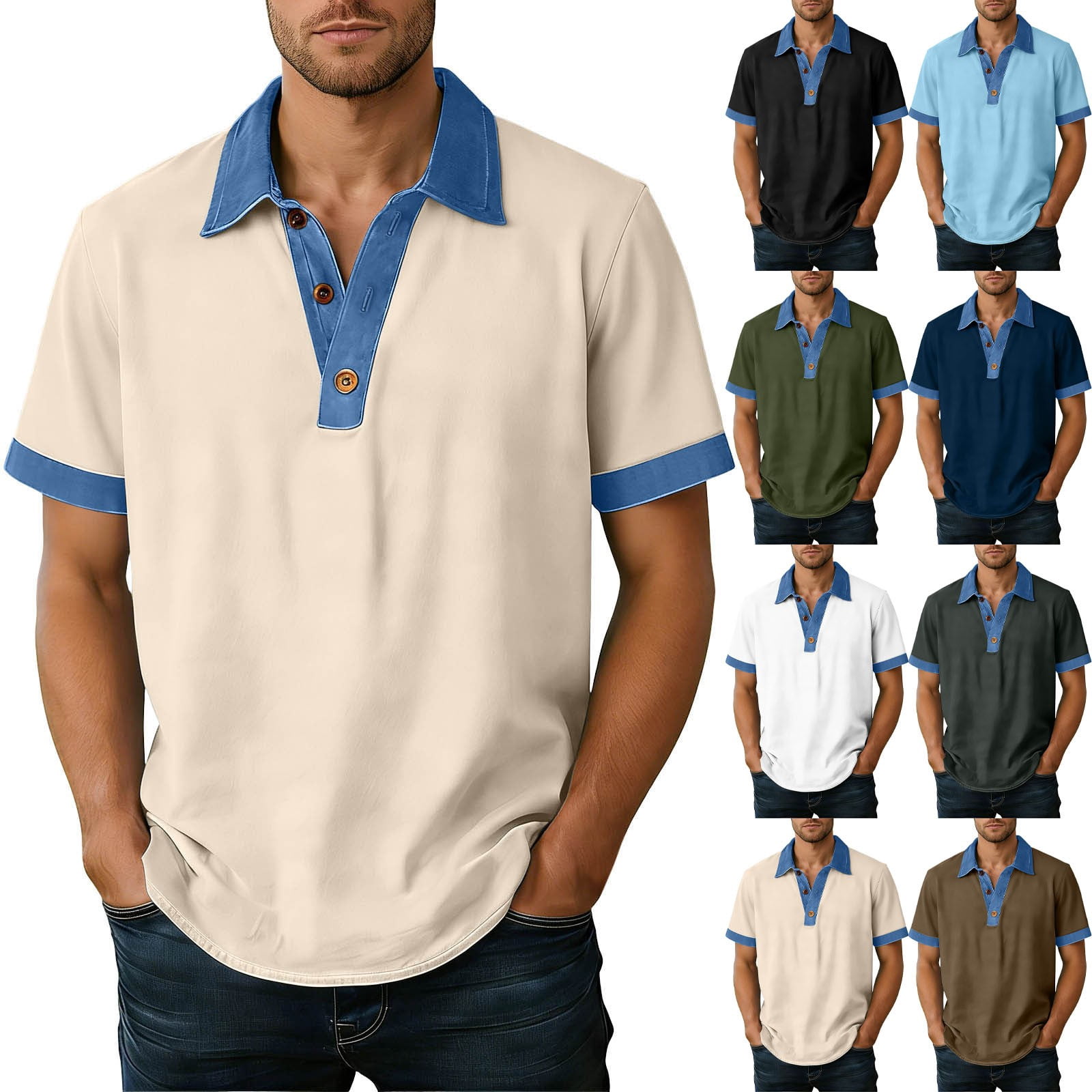 Antinious Men Solid Denim Look Patchwork Button Collar Short Sleeve ...