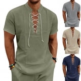 Antinious Men Solid Drawstring Collared Short Sleeve Loose Breathable ...