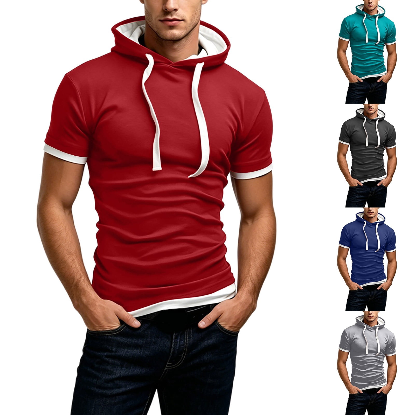 Antinious Men Solid Drawstring Hooded Short Sleeve Slim Versatile ...