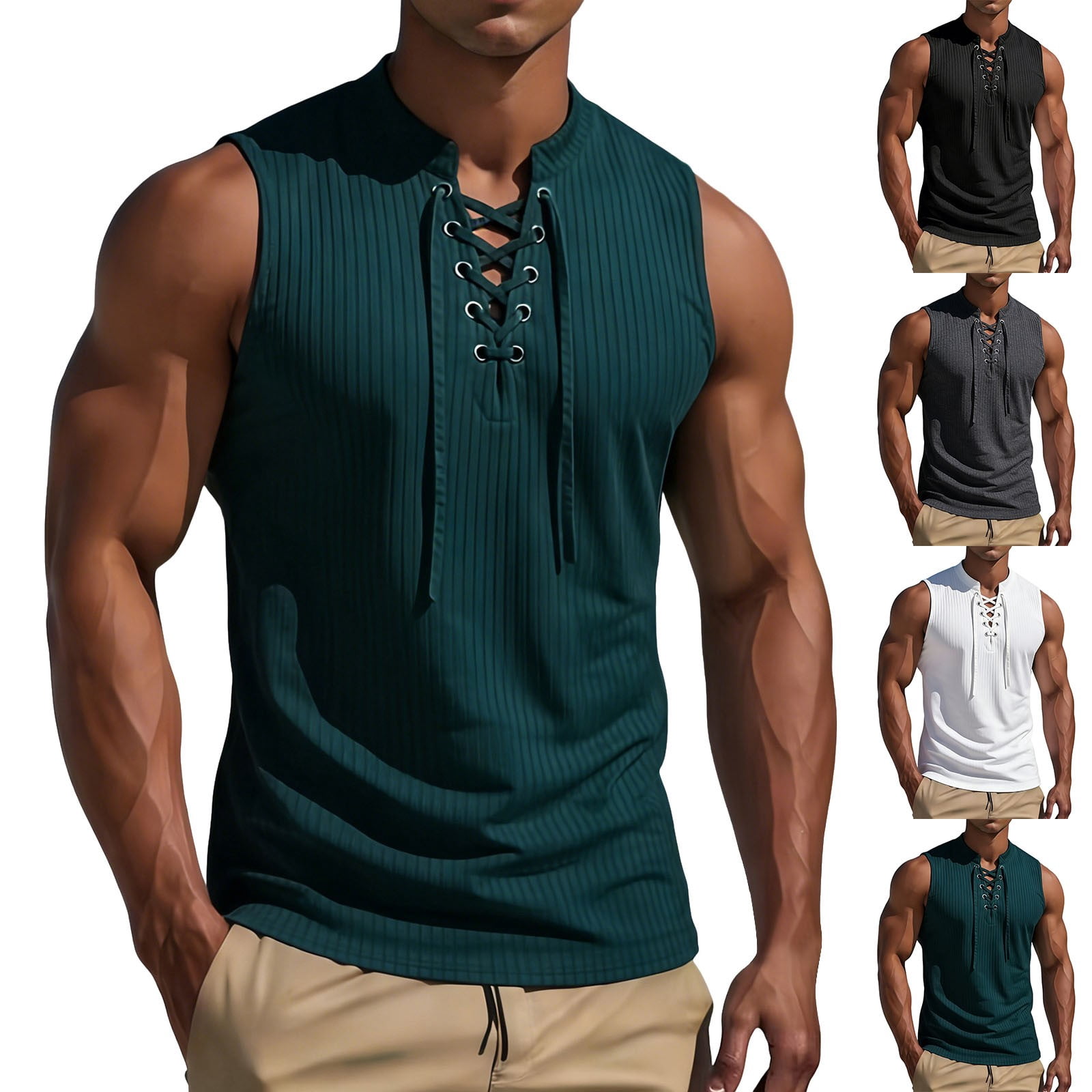 Antinious Men Solid Drawstring Rib Elastic Collared Sleeveless Trendy ...
